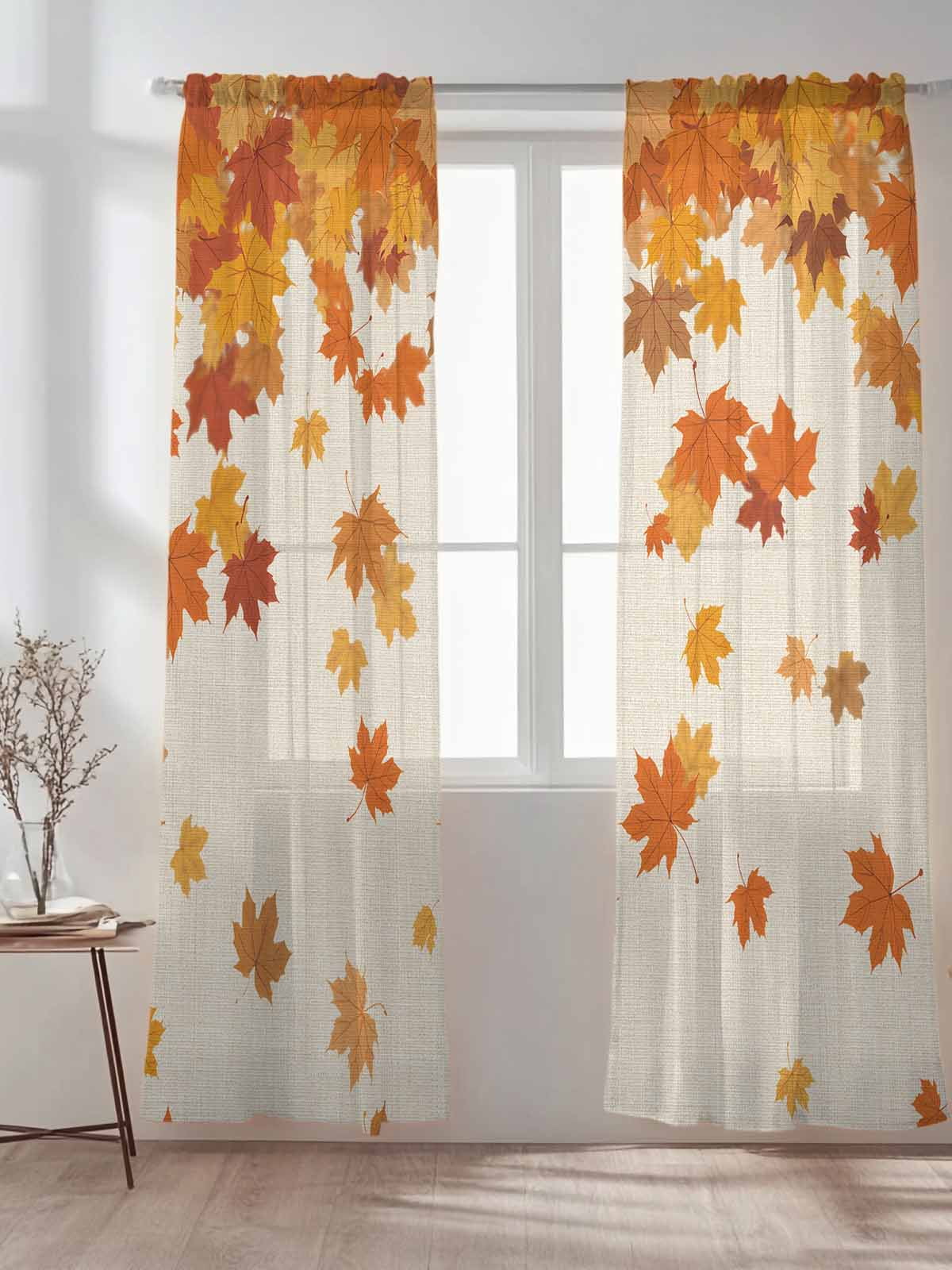 Sheer Curtains 84 inches Long 2 Panels Set Fall Leaves Orange Maple ...
