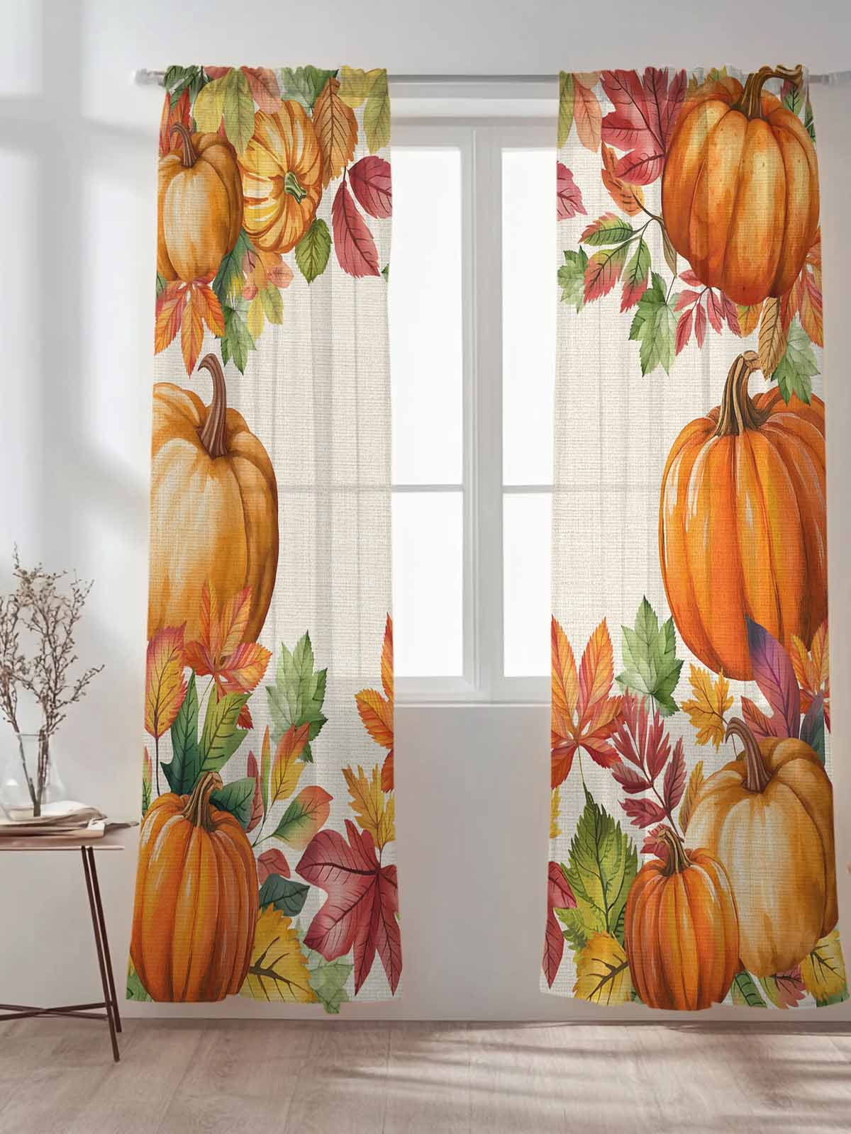 Sheer Curtains 84 inches Long 2 Panels Set Fall Pumpkin Watercolor ...