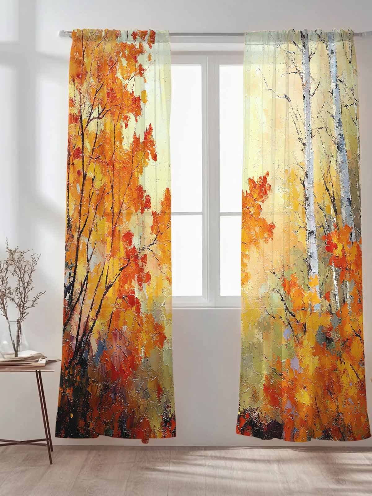 Sheer Curtains 84 inches Long 2 Panels Set Fall Scenery Watercolor Tree ...