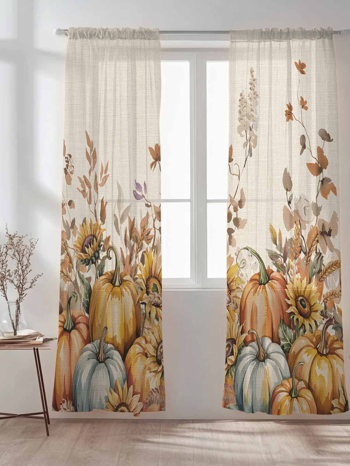 Sheer Curtains 84 inches Long 2 Panels Set Fall Theme Yellow Deciduous ...