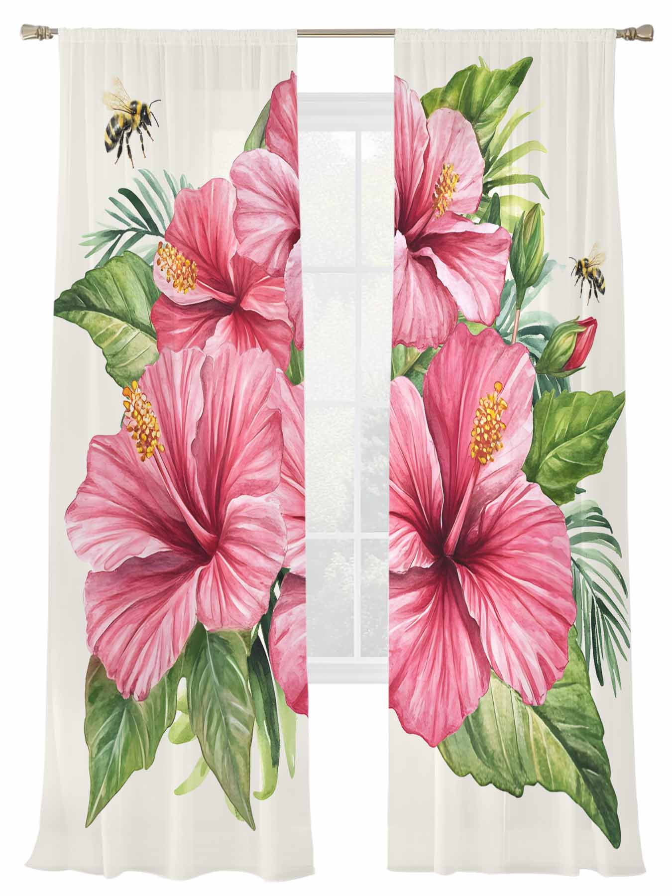 Sheer Curtains 84 inches Long 2 Panels Set Hawaiian Hibiscus Summer ...