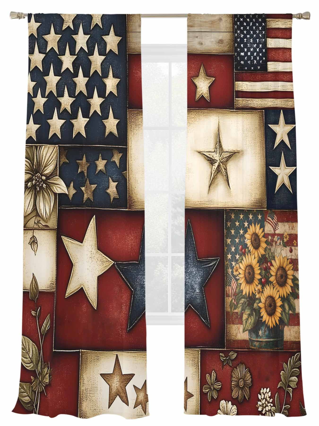 Sheer Curtains 84 inches Long 2 Panels Set Independence Day Retro US ...
