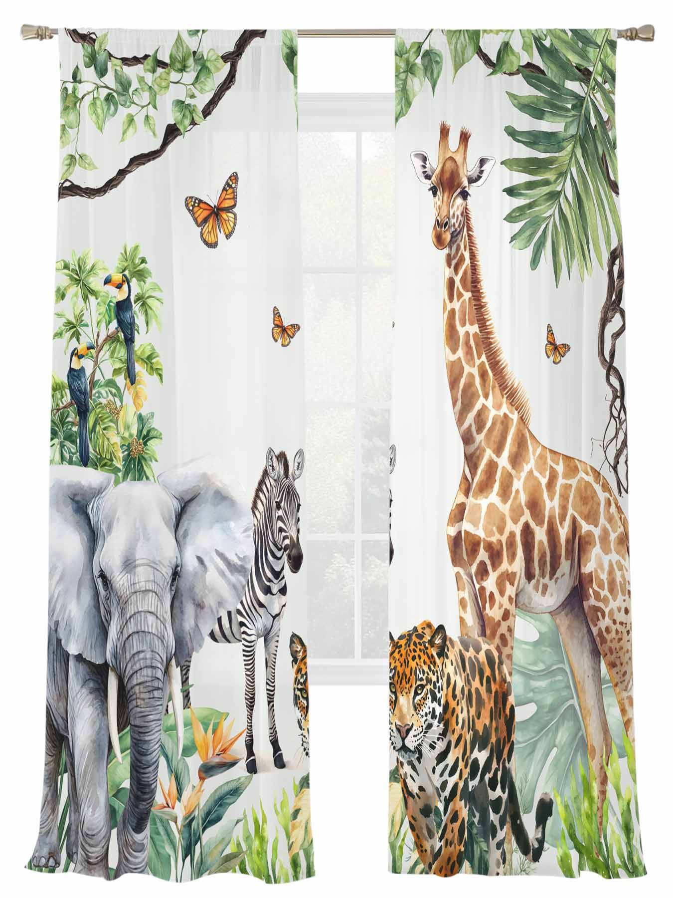 Sheer Curtains 84 inches Long 2 Panels Set Jungle Animals Giraffe Zebra ...