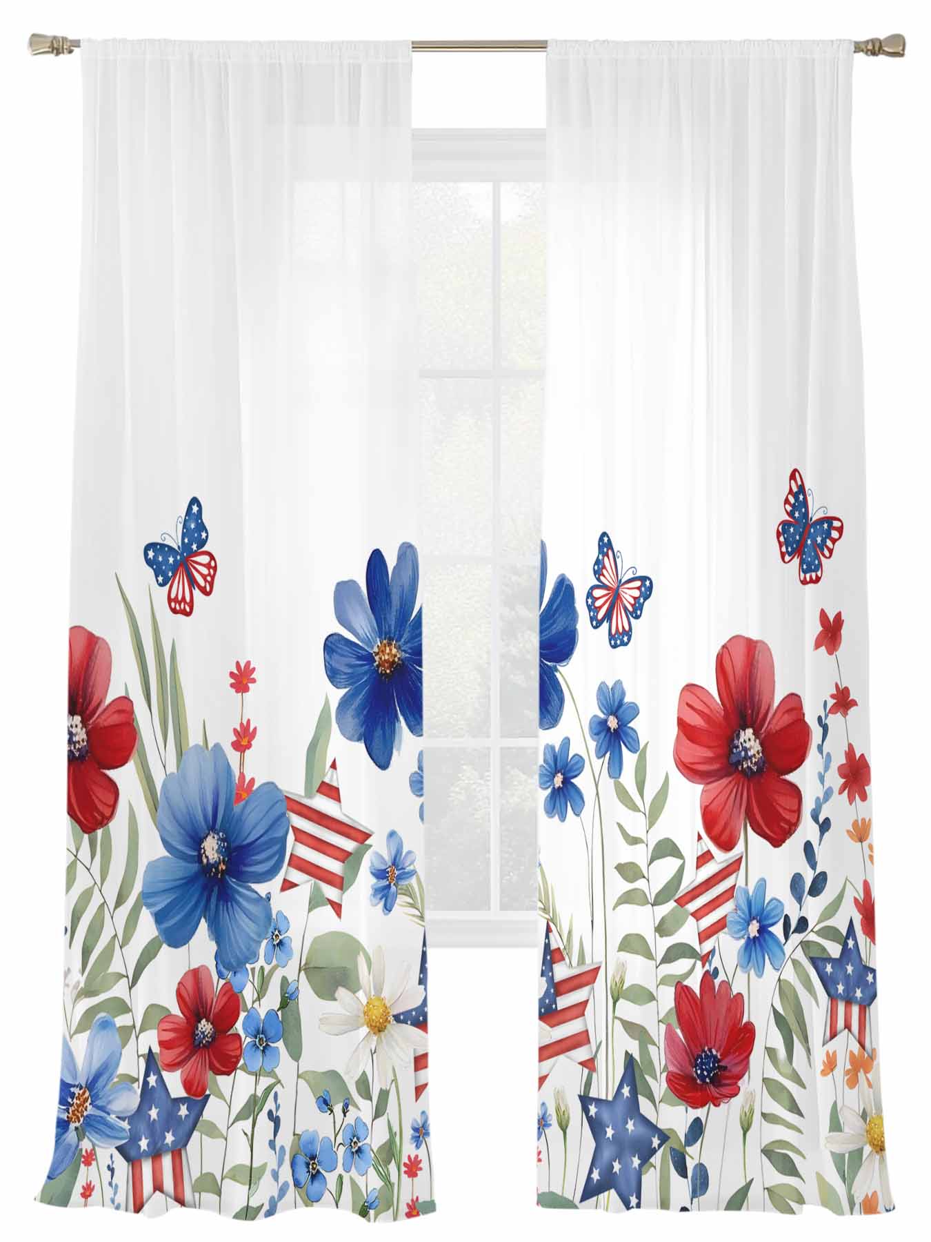Sheer Curtains 84 inches Long 2 Panels Set Red Blue Cosmos Flower ...