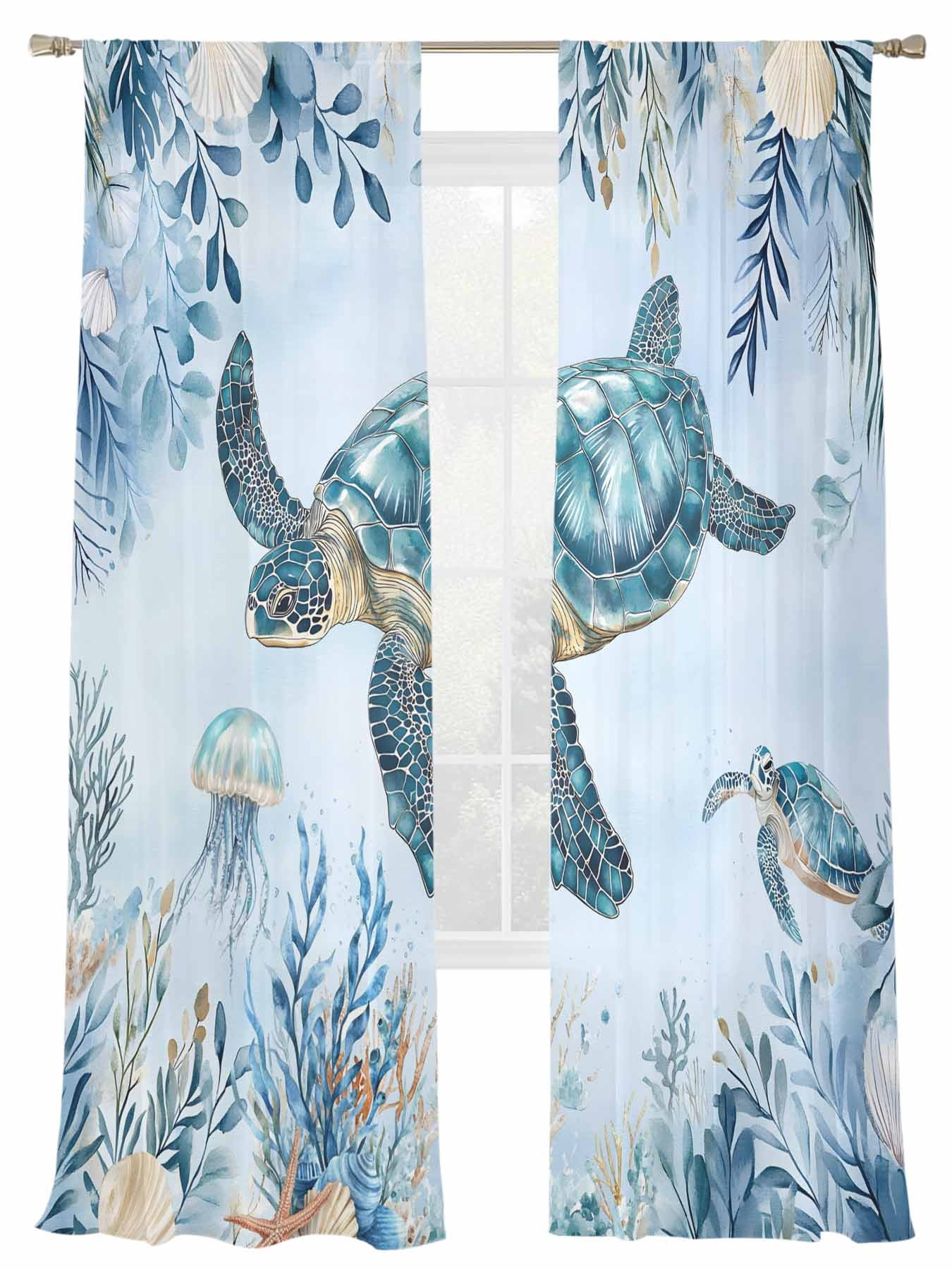 Sheer Curtains 84 inches Long 2 Panels Set Sea Turtle Coastal Jellyfish ...