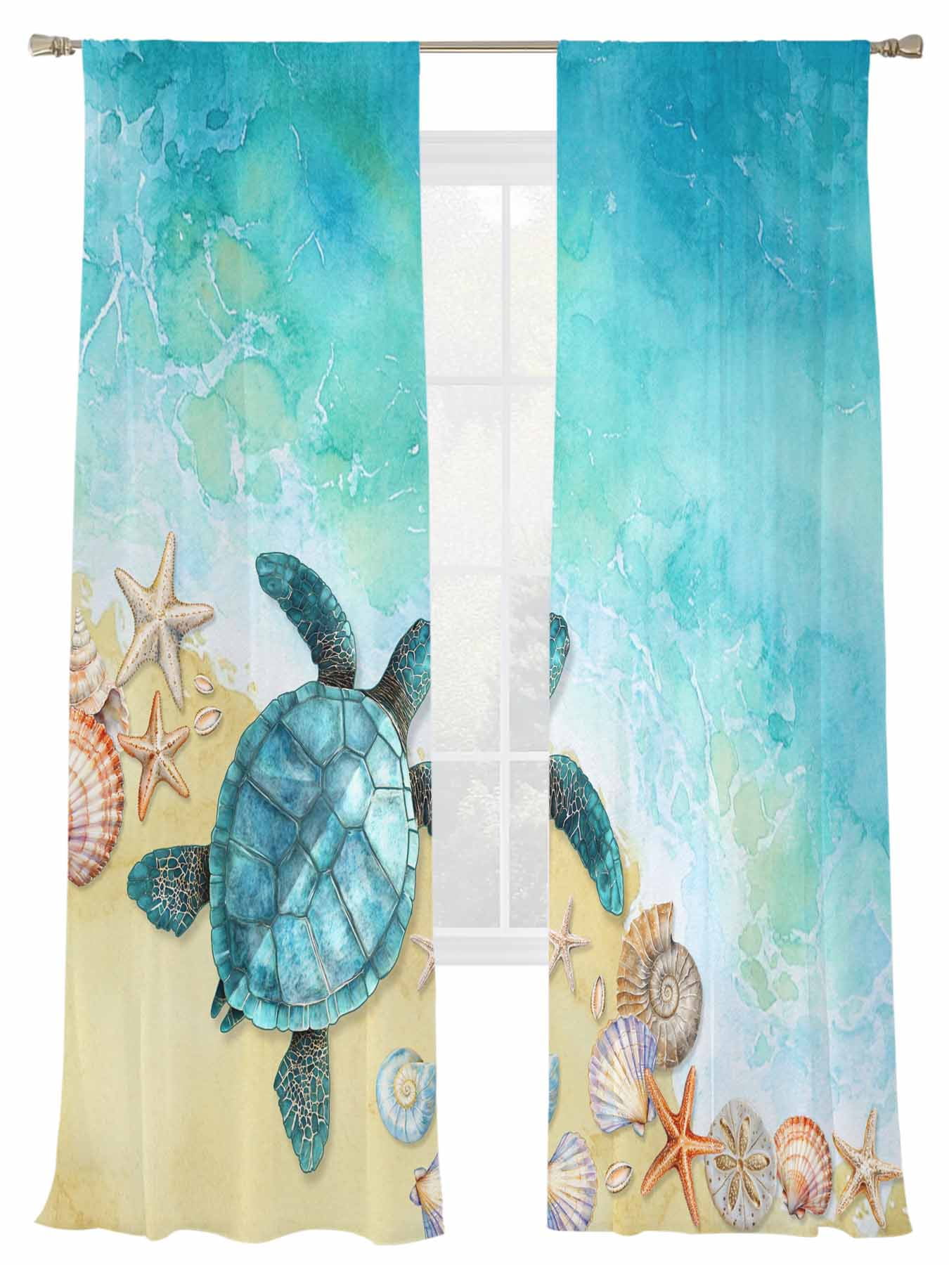 Sheer Curtains 84 inches Long 2 Panels Set Sea Turtle Summer Turquoise ...