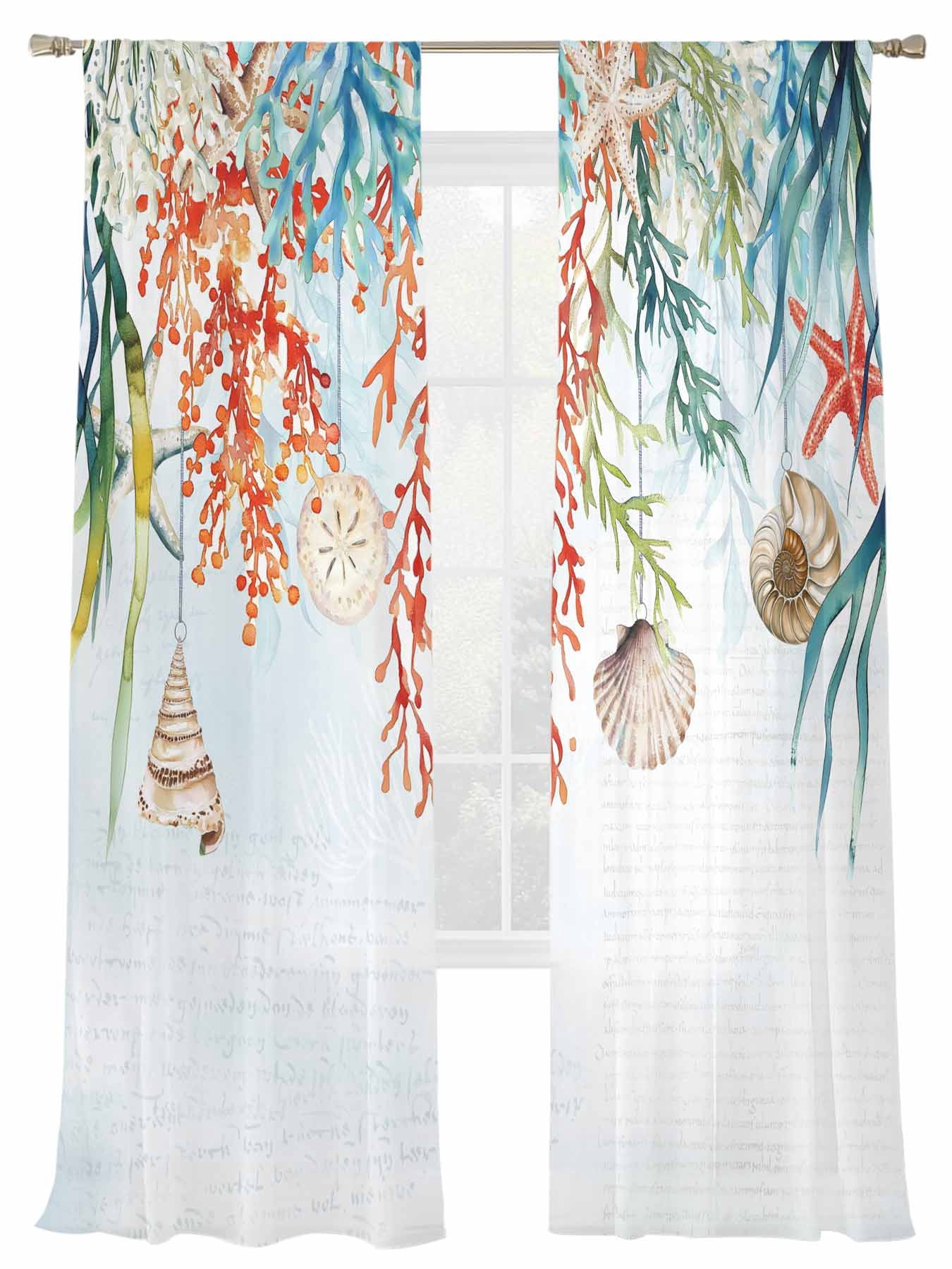 Sheer Curtains 84 inches Long 2 Panels Set Summer Coastal Coral Seaweed ...