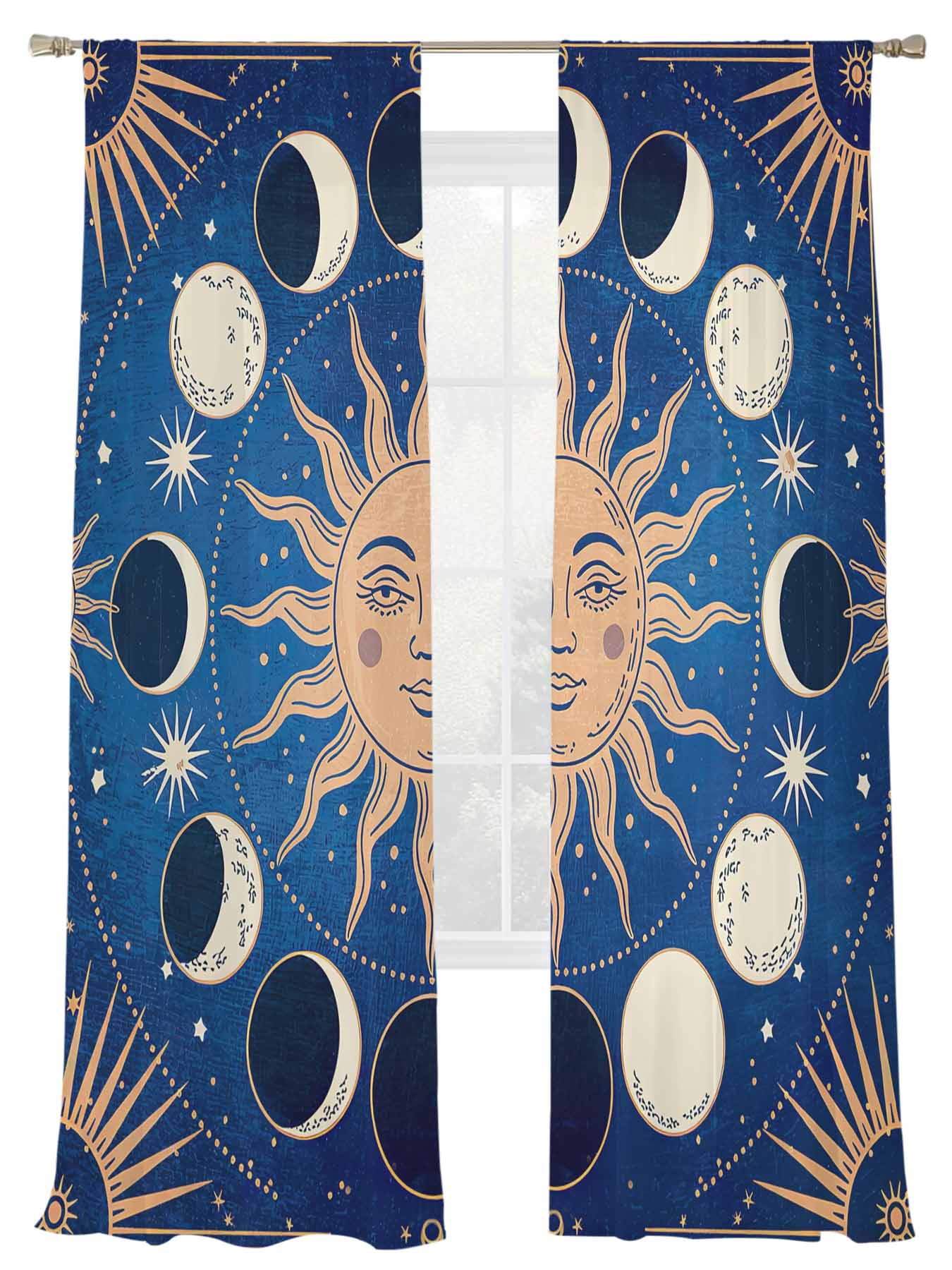 Sheer Curtains 84 inches Long 2 Panels Set Sun Moon Starry Sky Mystery ...