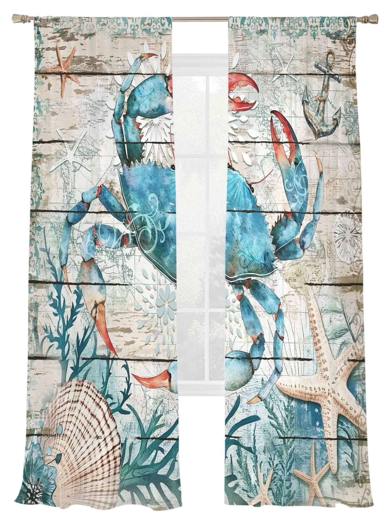 Sheer Curtains 84 inches Long 2 Panels Set Vintage Crab Ocean Coral ...