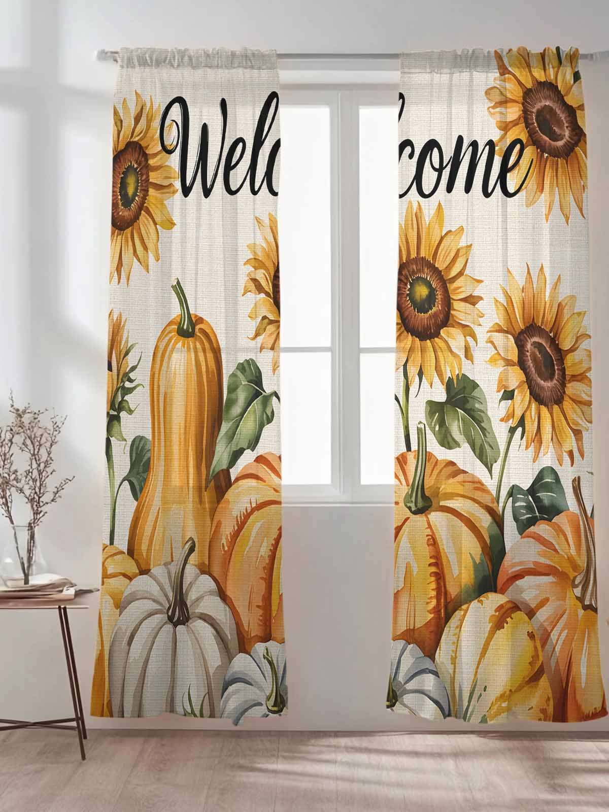 Sheer Curtains 84 inches Long 2 Panels Set Welcome Pumpkin Sunflower ...