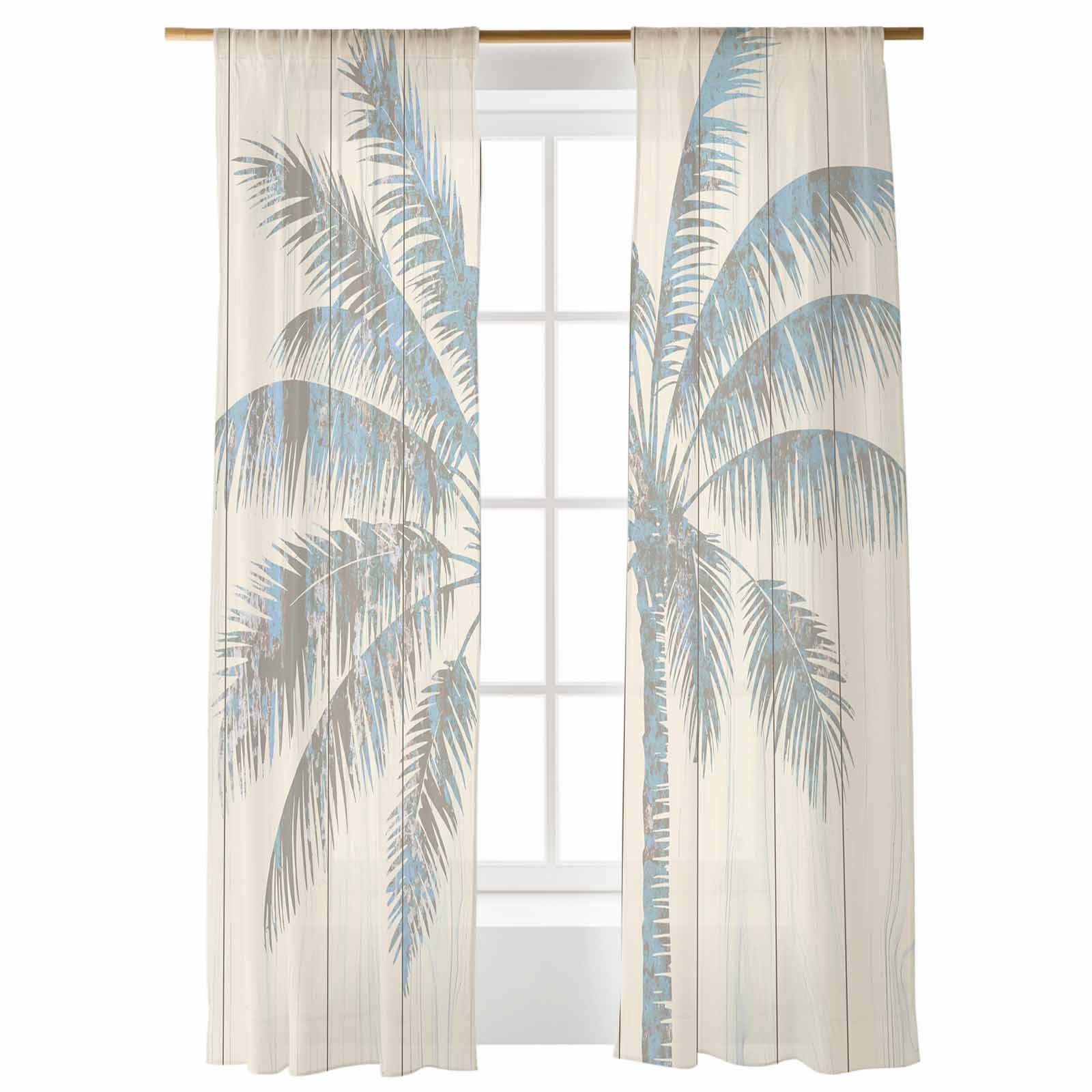 Sheer Curtains 84 inches Long, Abstract Art Tropical Palm Trees Wood ...
