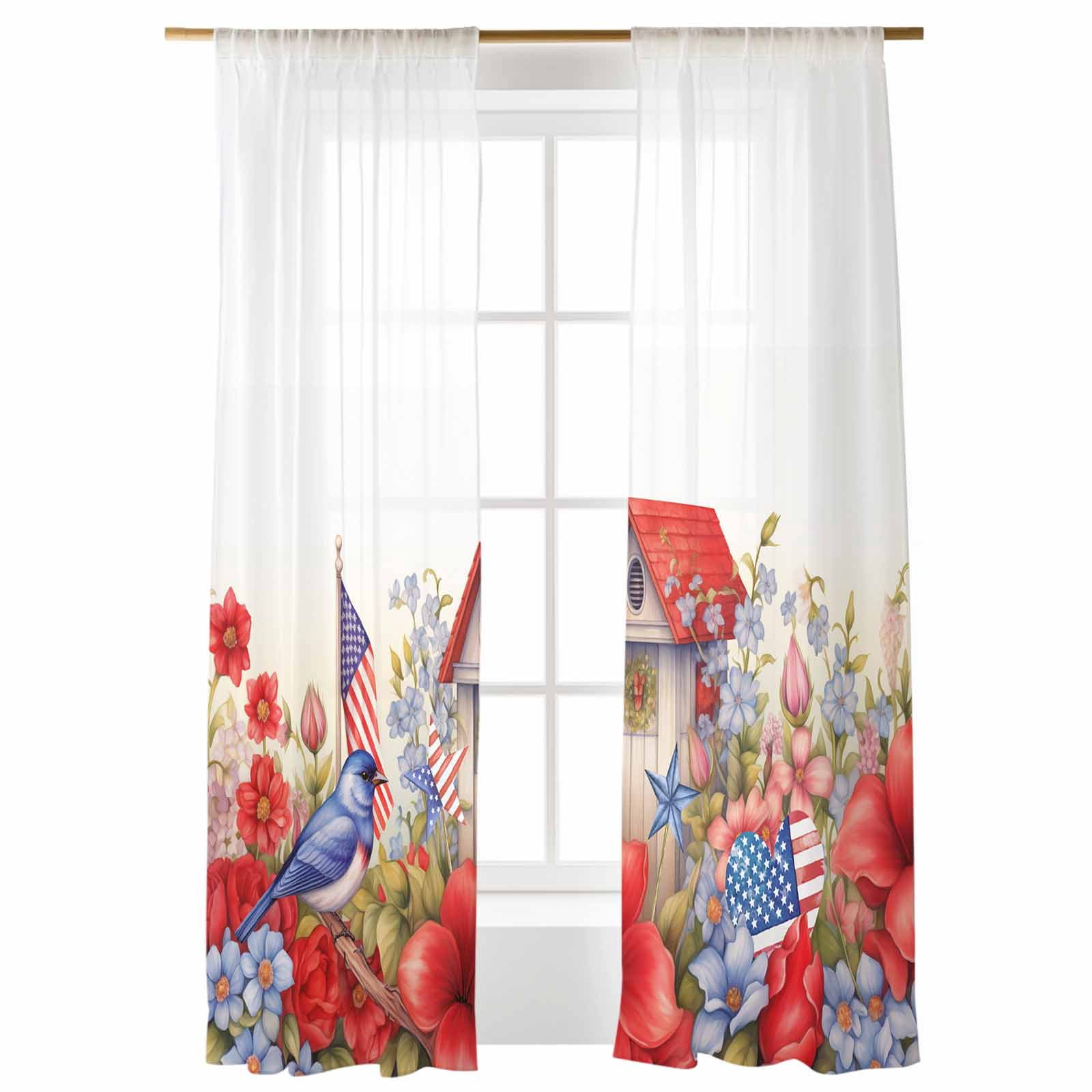 Sheer Curtains 84 inches Long, American Flag Watercolor Floral ...