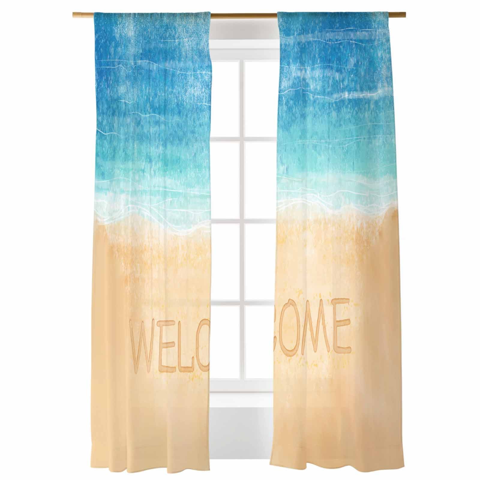 Sheer Curtains 84 inches Long, Beach Theme Blue Brown Gradient WELCOME ...