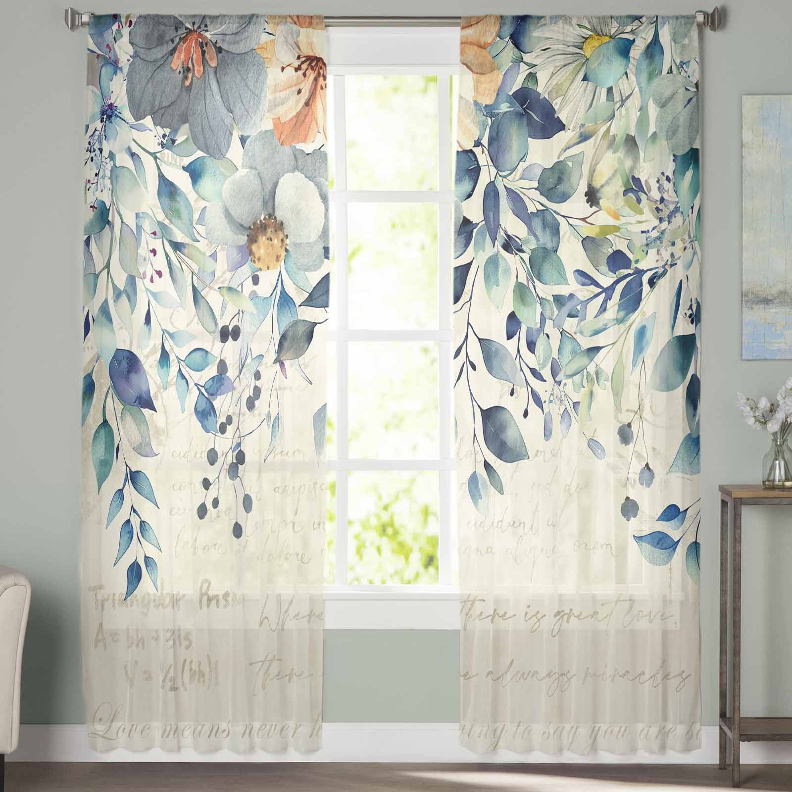 Sheer Curtains 84 inches Long, Blue Watercolor Eucalyptus Leaves Flower Linen Pattern Light ...