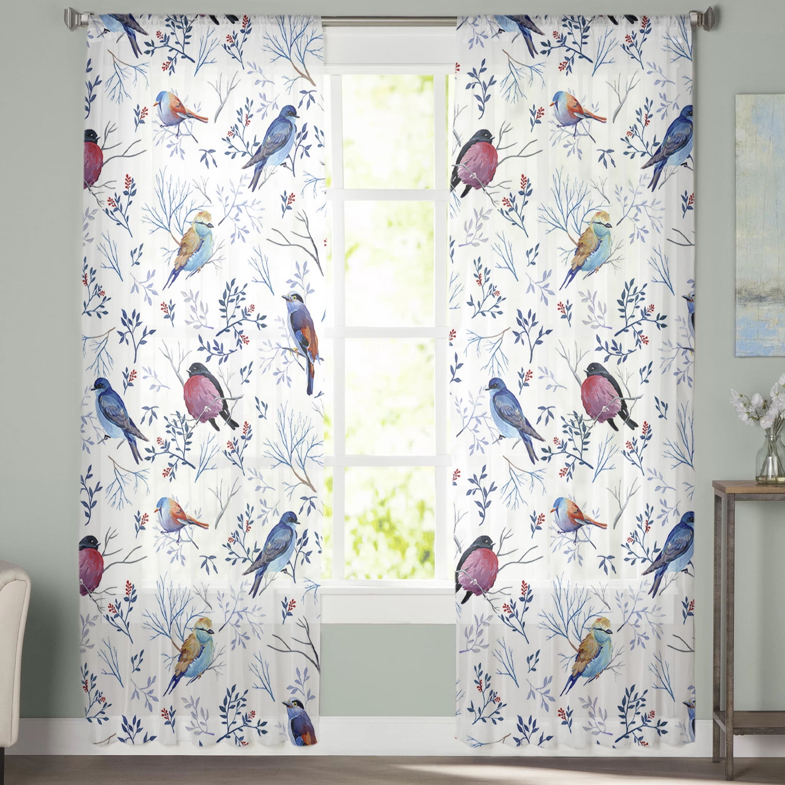 Sheer Curtains 84 inches Long, Christmas Holly Berry Robins on Branches ...