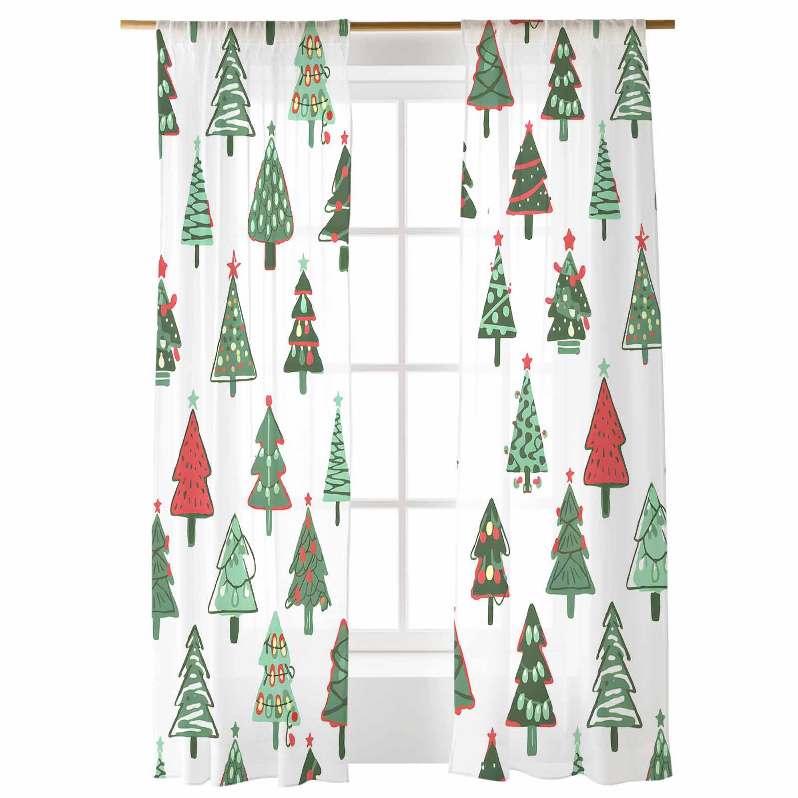 Sheer Curtains 84 inches Long, Christmas Tree Hand Painted Cartoon ...