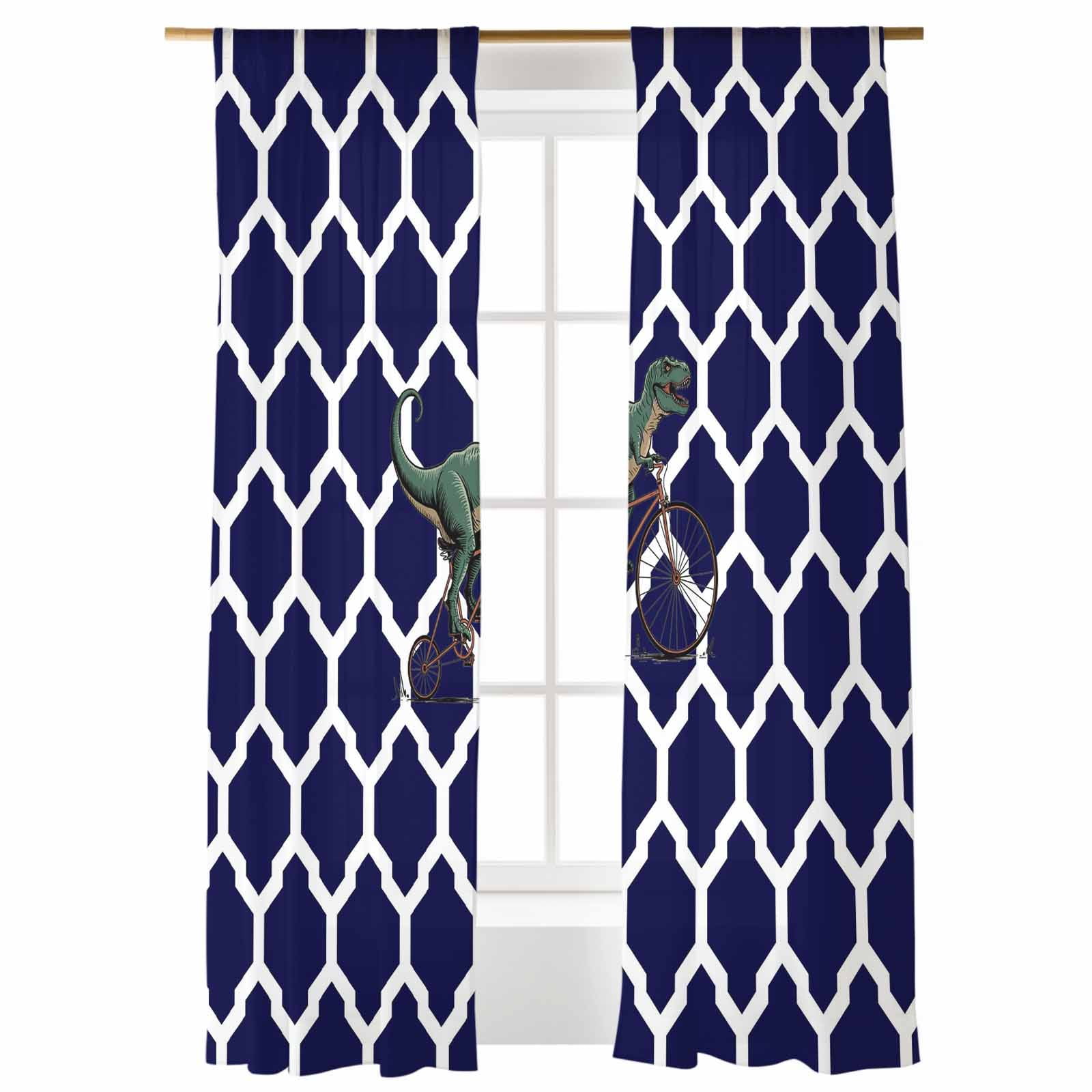 Sheer Curtains 84 inches Long, Dinosaur Riding Bike Vintage Pastoral Blue White Texure Light ...