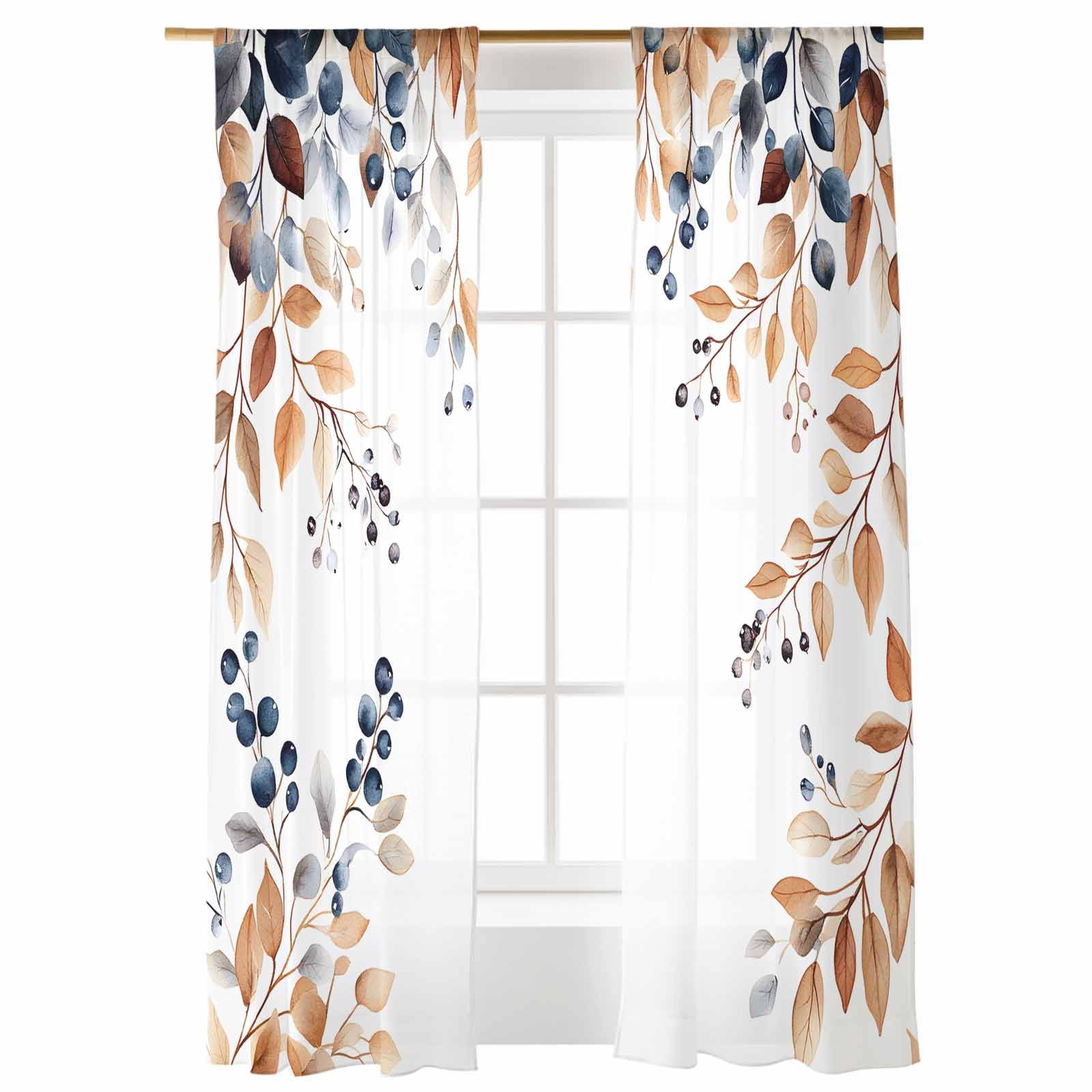Sheer Curtains 84 inches Long, Eucalyptus Leaves Fall Berry Watercolor ...