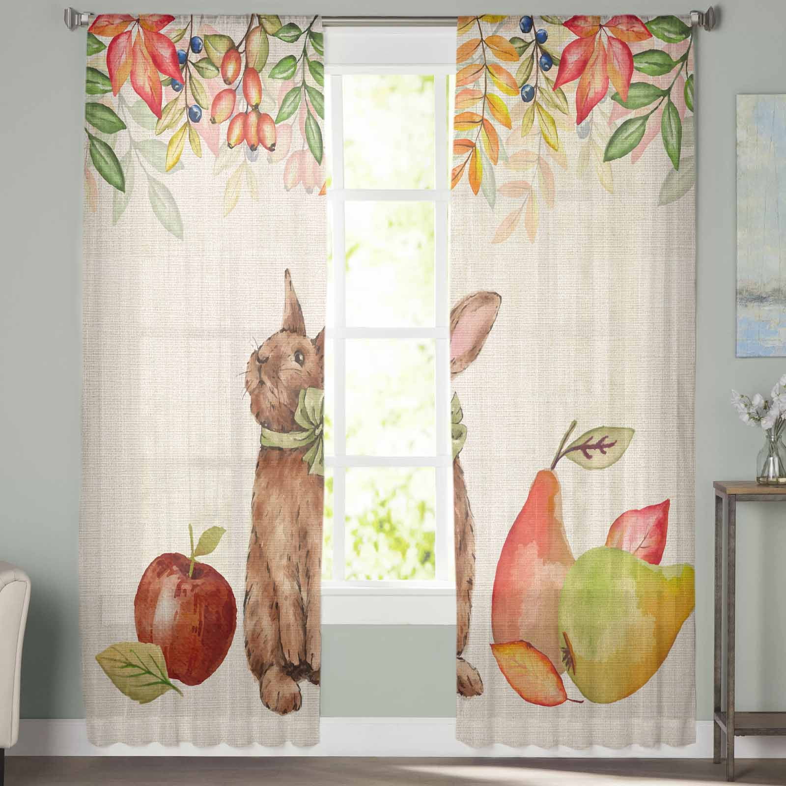 Sheer Curtains 84 inches Long, Fall Autumn Bunny Apples Berry Leaf ...