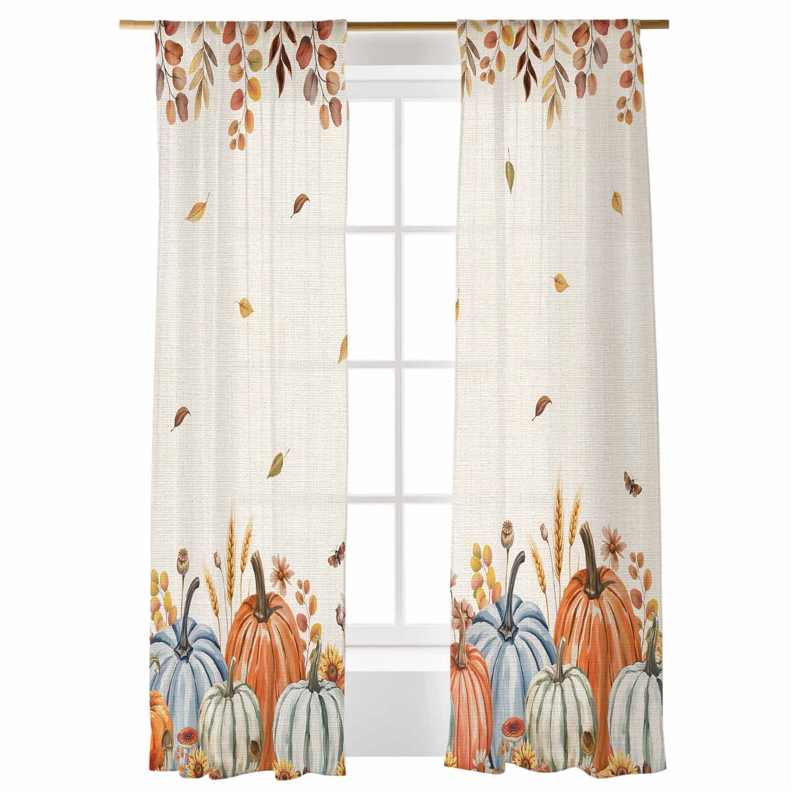 Sheer Curtains 84 inches Long, Fall Pumpkin Orange Blue Autumn Leaves ...