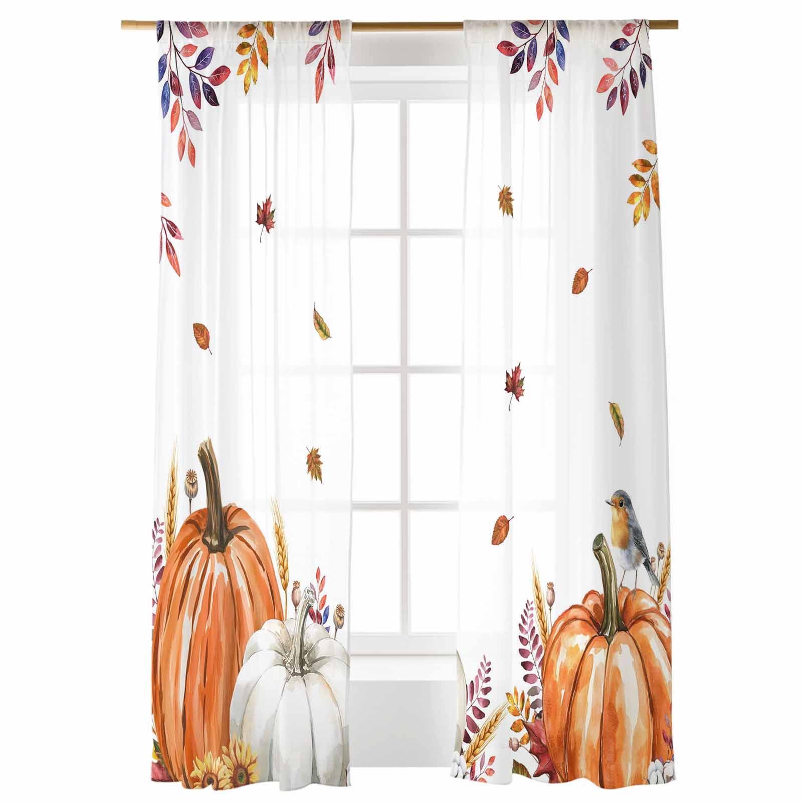 Sheer Curtains 84 inches Long, Fall Pumpkins Maple Leaf Bird ...