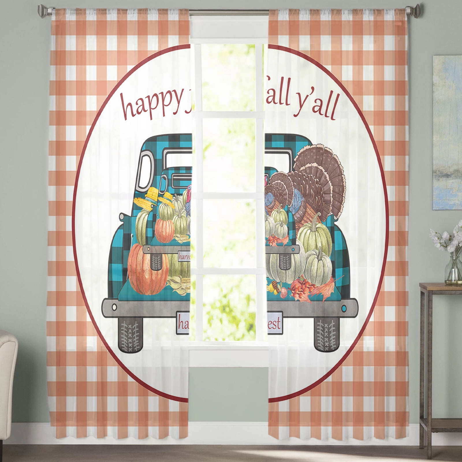 Sheer Curtains 84 inches Long, Fall Thanksgiving Pumpkin Turkey Truck ...