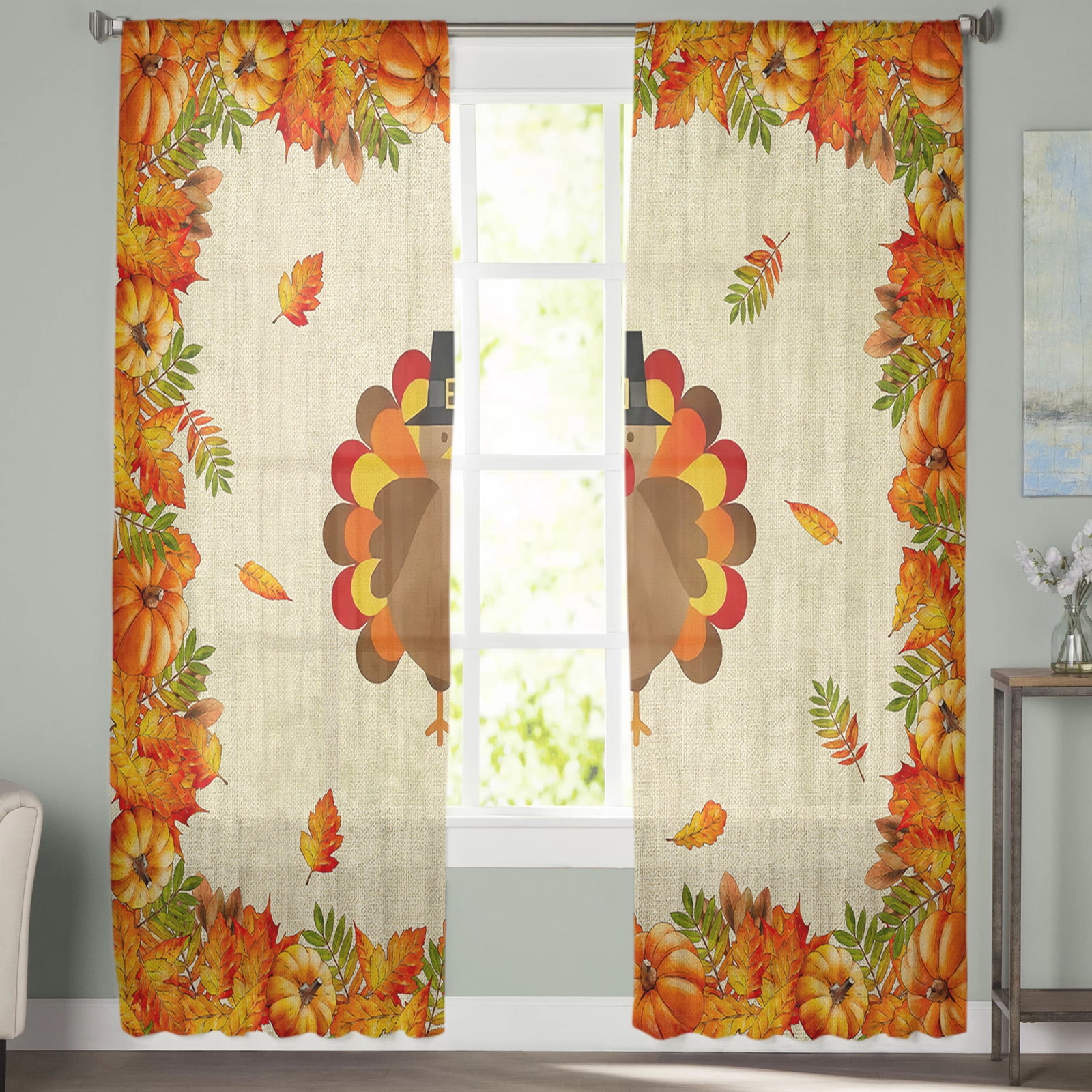 Sheer Curtains 84 inches Long, Fall Turkey Pumkin Farm Style Rustic ...