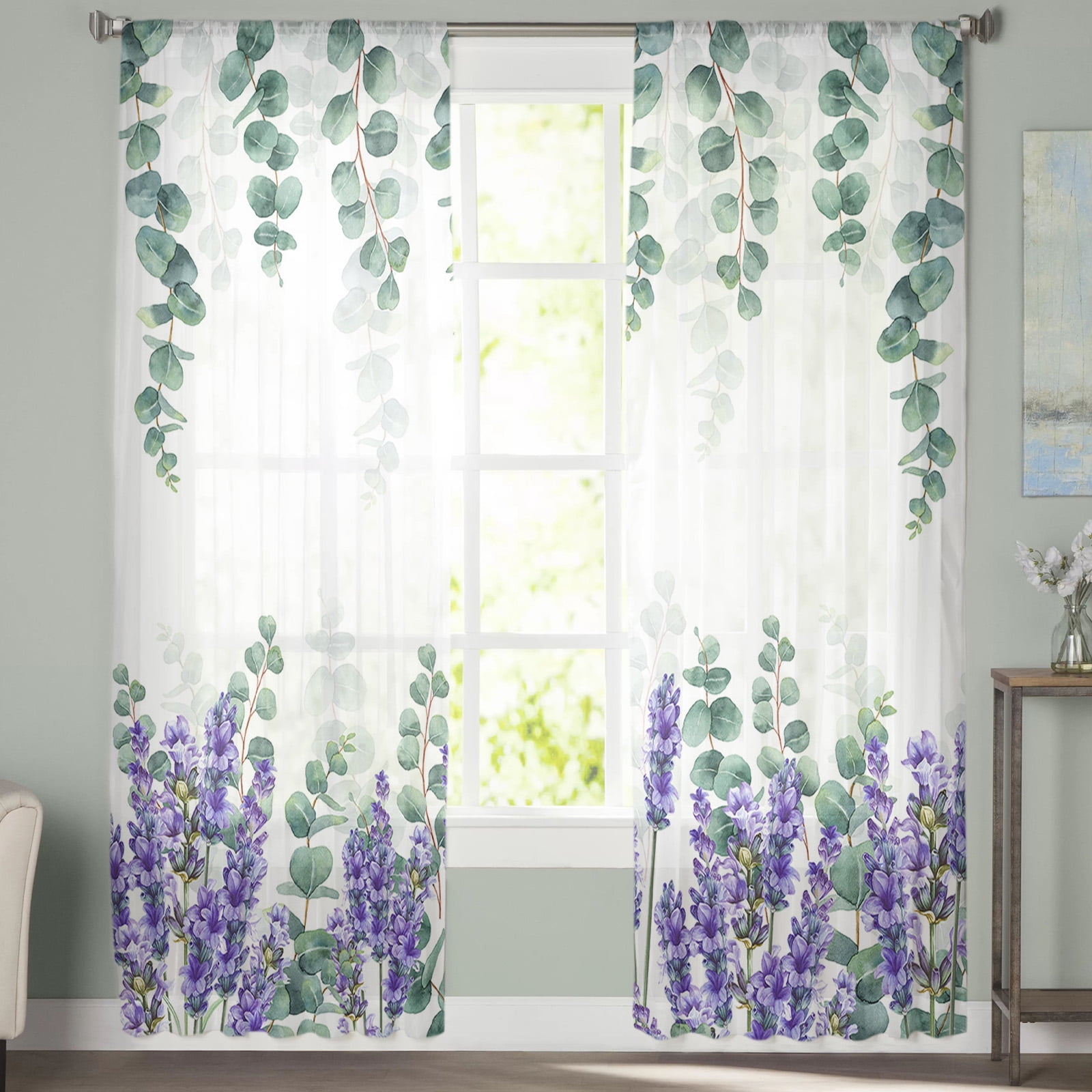 Sheer Curtains 84 inches Long, Farmhouse Eucalyptus Purple Hydrangea ...