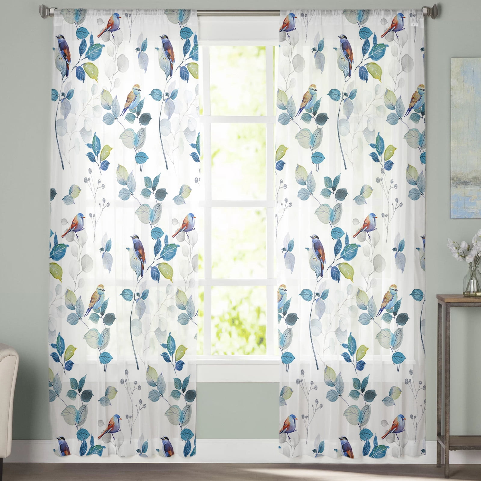 Sheer Curtains 84 inches Long, Farmhouse Style Leaves Robin Birds Light ...