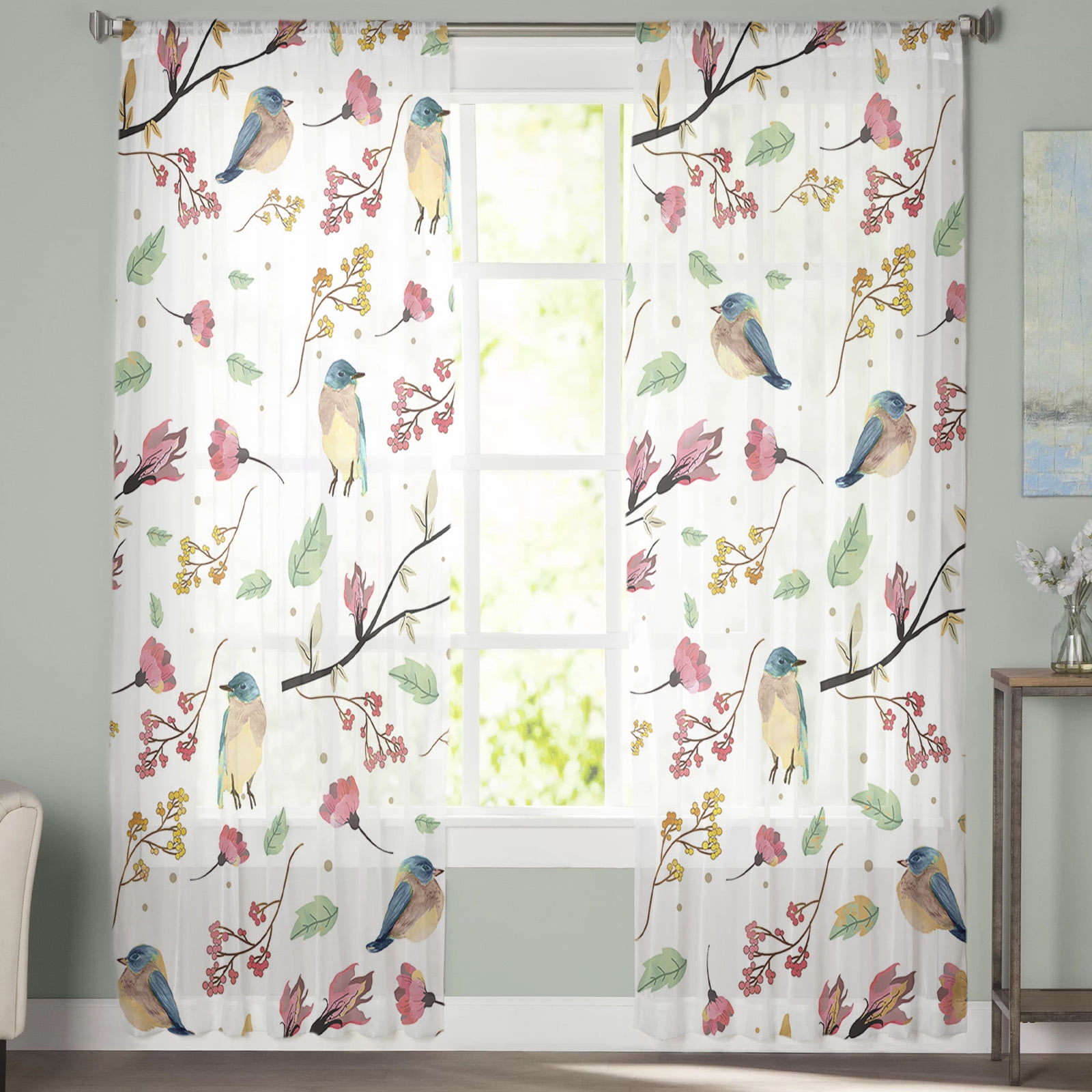 Sheer Curtains 84 inches Long, Flower Robin Leaves Summer Floral Plant ...