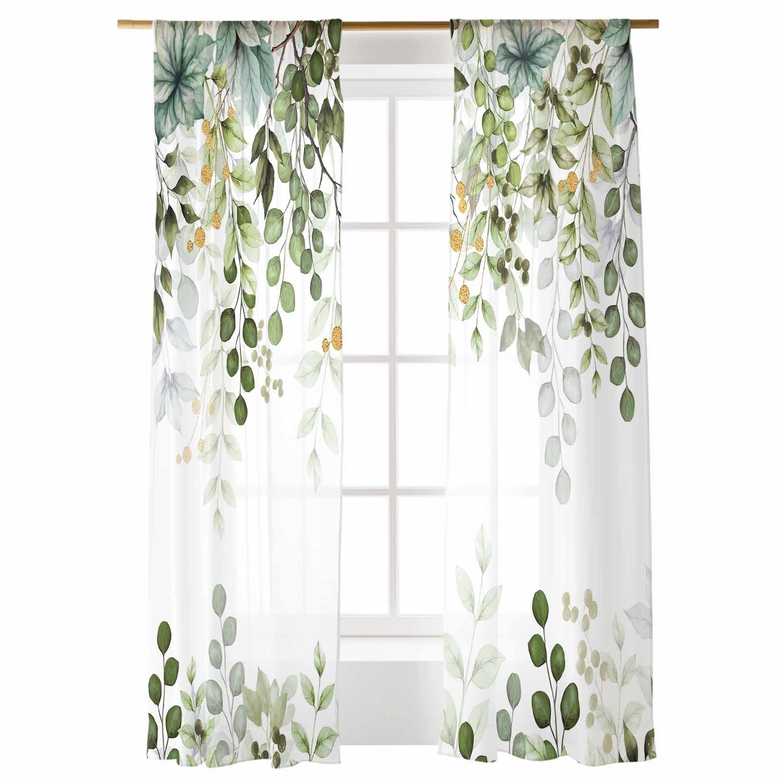 Sheer Curtains 84 inches Long, Green Eucalyptus Leaves Abstract Branch ...