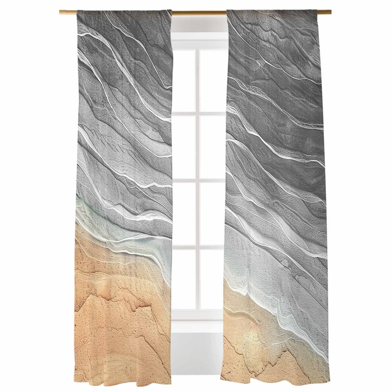 Sheer Curtains 84 inches Long, Grey Gradient Seaside Ocean Wave Ombre Light Filtering Sheer ...