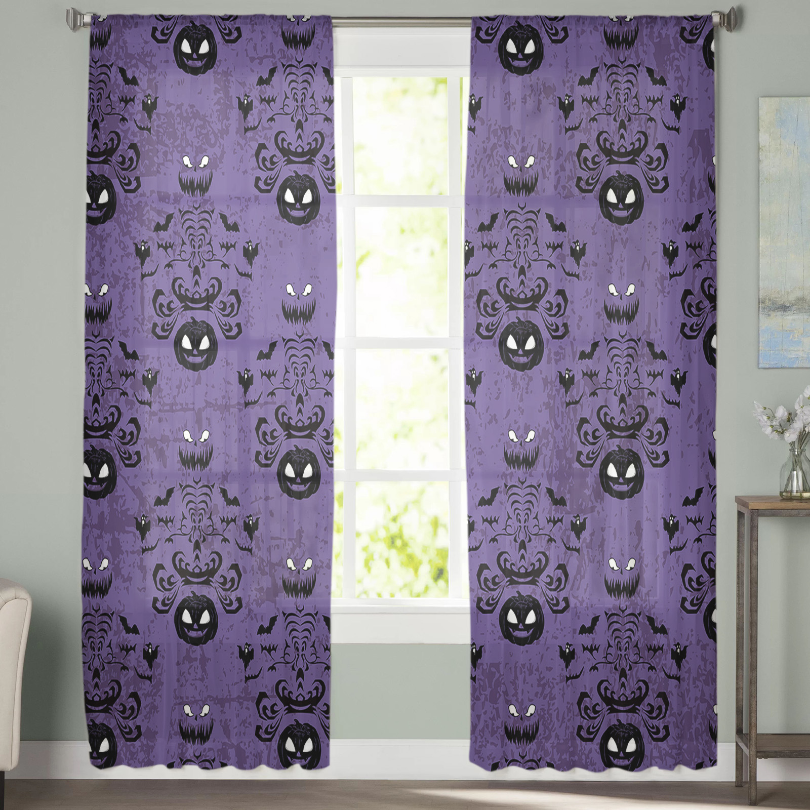 Sheer Curtains 84 inches Long, Halloween Haunted Grimace Pumpkin Bat ...