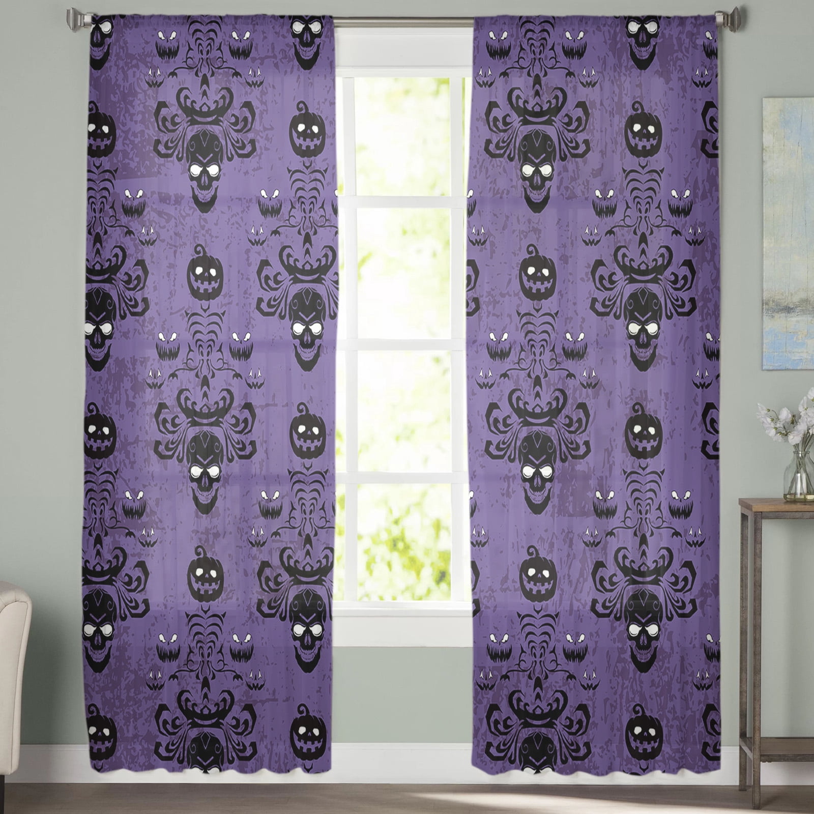 Sheer Curtains 84 inches Long, Halloween Haunted Grimace Pumpkin Skull ...