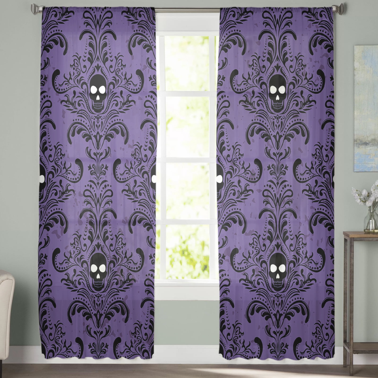 Sheer Curtains 84 inches Long, Halloween Scary Skull Classic Damask ...