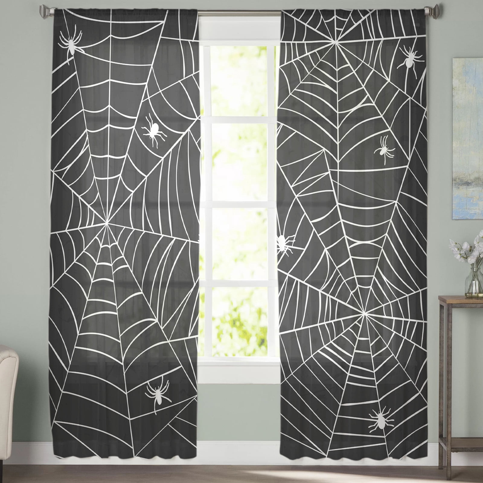 Sheer Curtains 84 inches Long, Halloween Spider Web Black Light ...