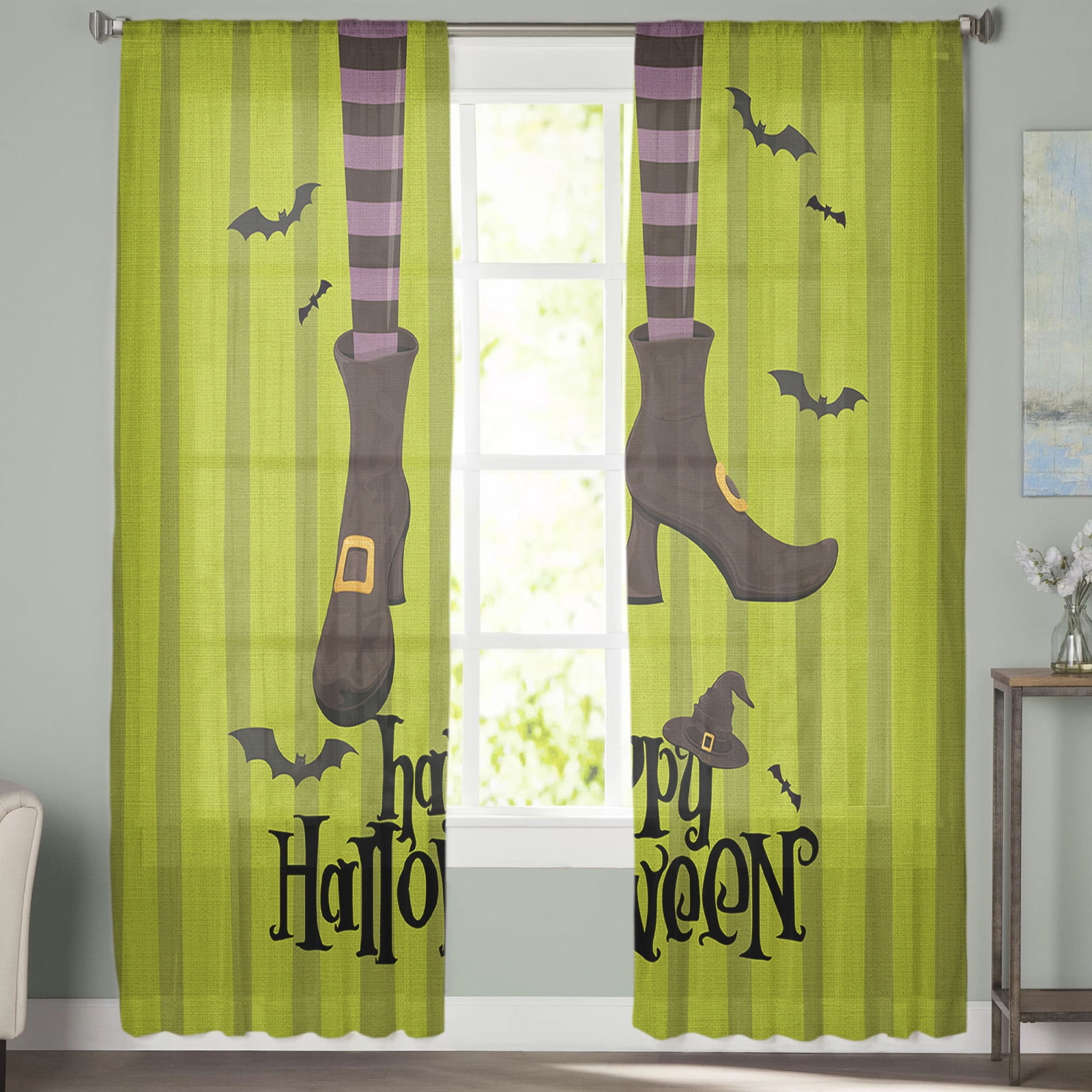 Sheer Curtains 84 inches Long, Halloween Witch Shoes Bat Green Stripe ...