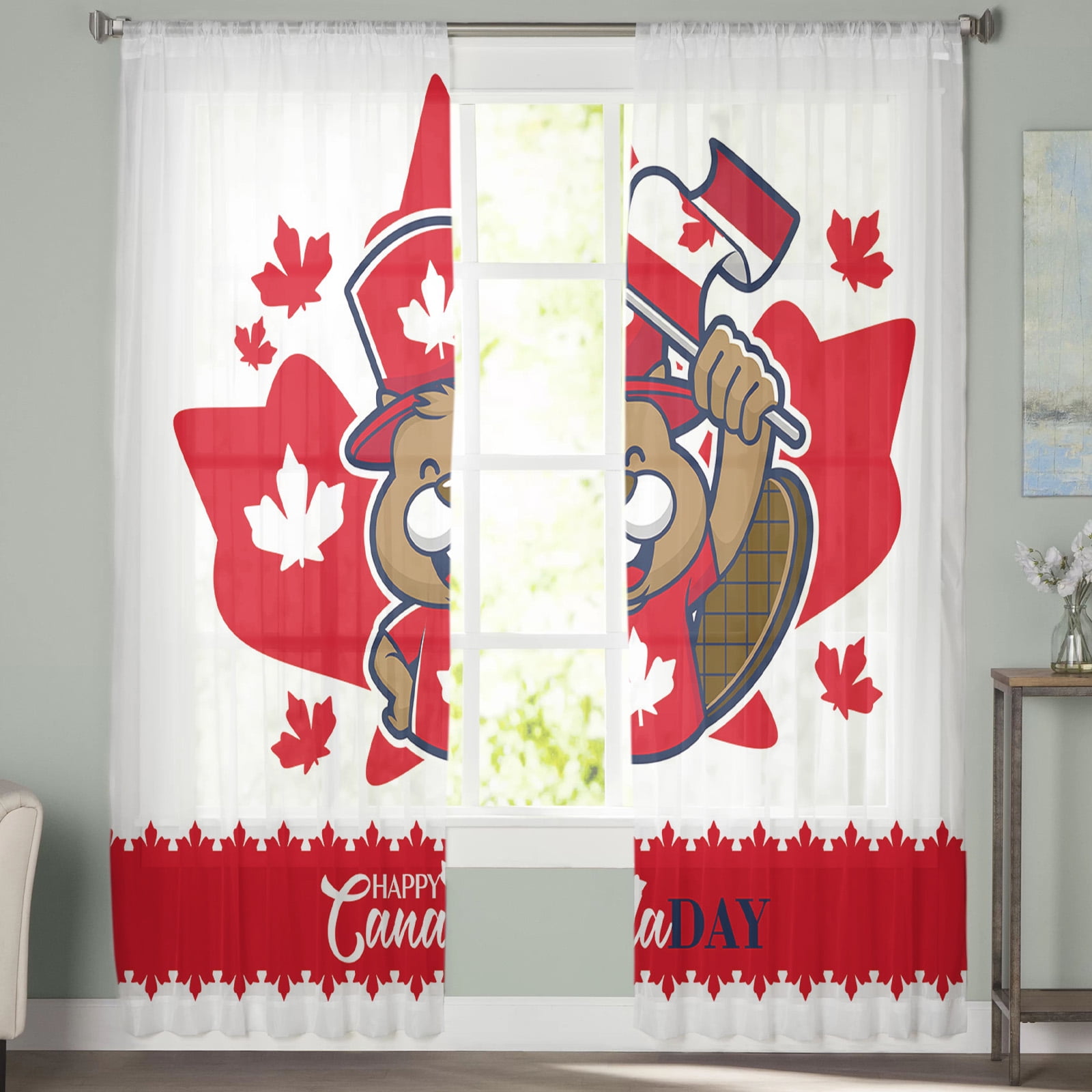 Sheer Curtains 84 inches Long, Happy Canada Day Maple Leaf Beaver Flag Light Filtering Sheer ...