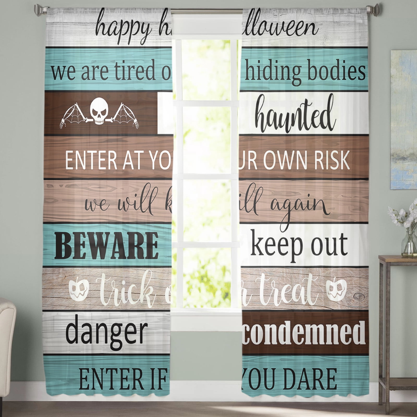 Sheer Curtains 84 inches Long, Happy Halloween Retro Colored Wood Grain ...