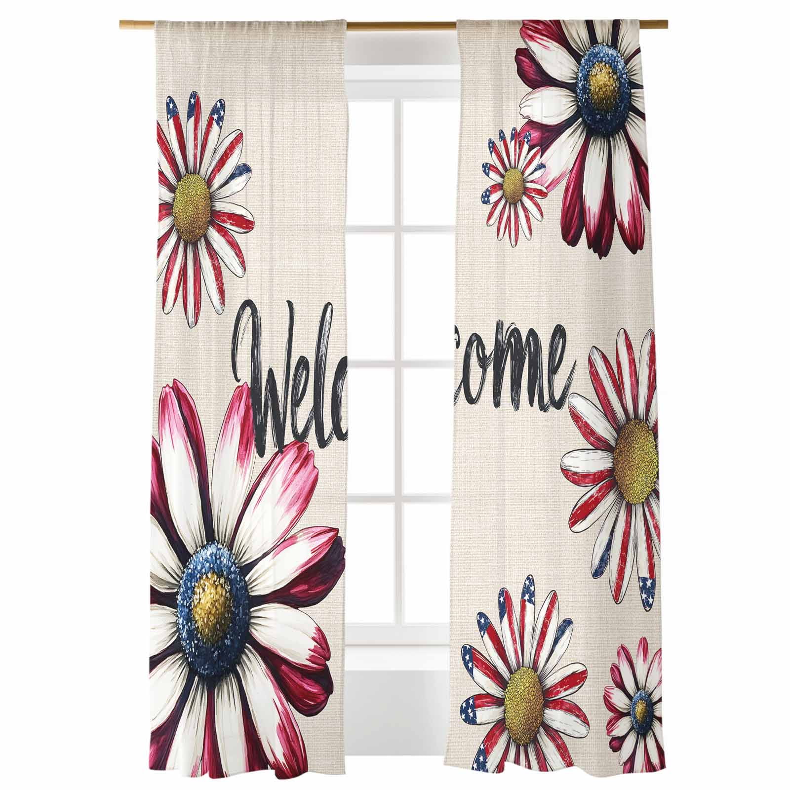 Sheer Curtains 84 inches Long, Linen Background USA Flag Flower ...