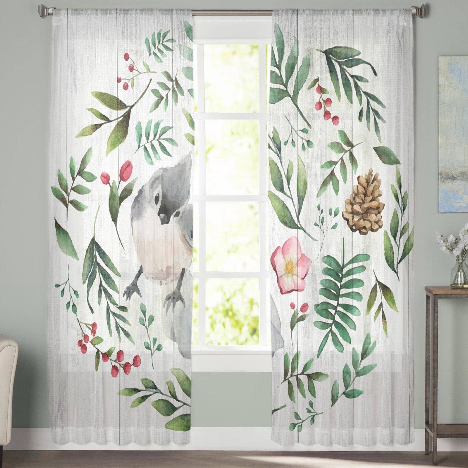 Sheer Curtains 84 inches Long, Pinecone Flower Leaf Wreath Wood Grain ...