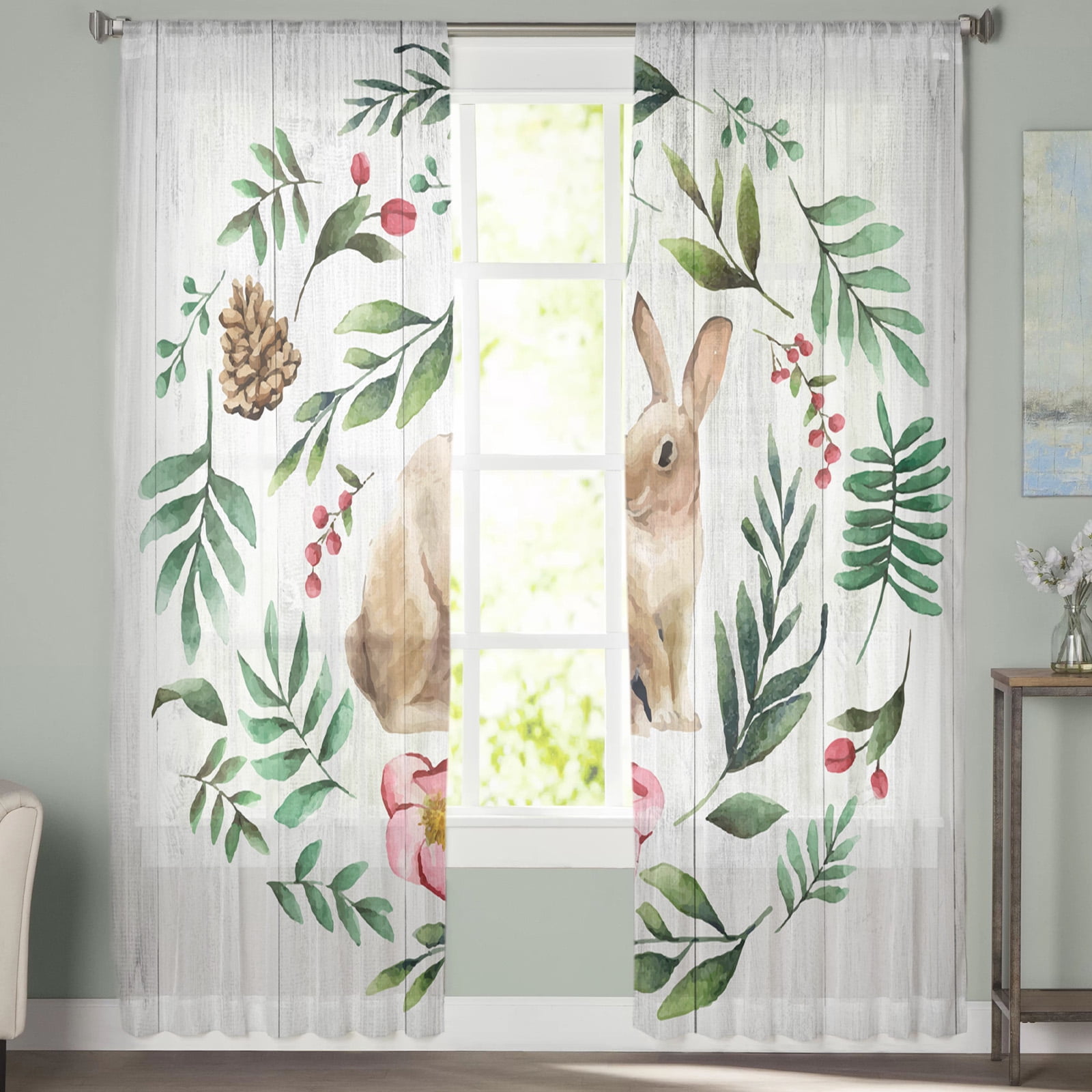 Sheer Curtains 84 inches Long, Pinecone Flower Leaf Wreath Wood Grain ...