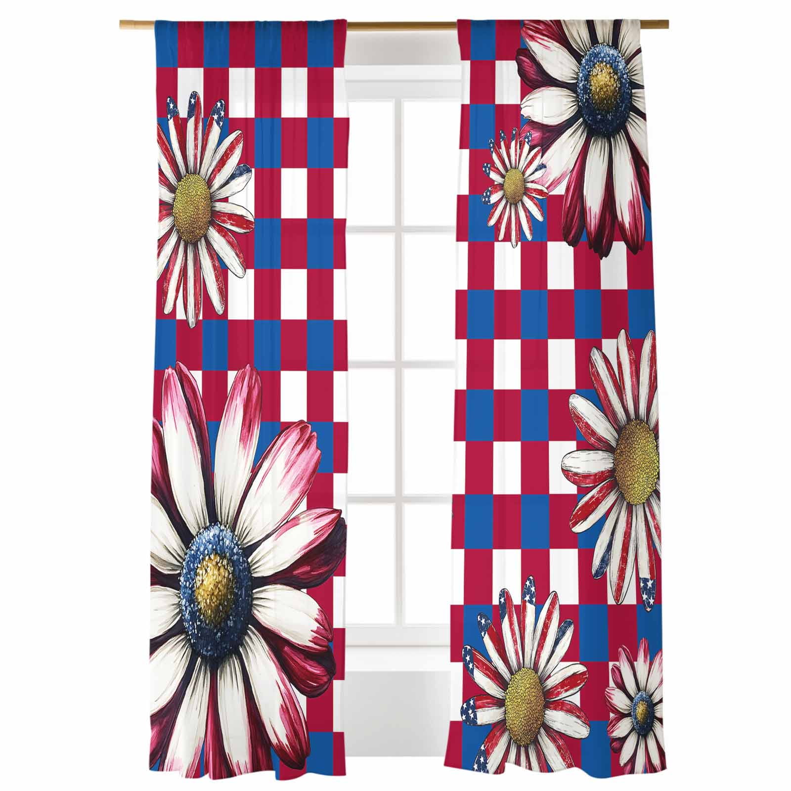 Sheer Curtains 84 inches Long, Red Blue Plaid USA Flag Flower Independence Day Light Filtering ...