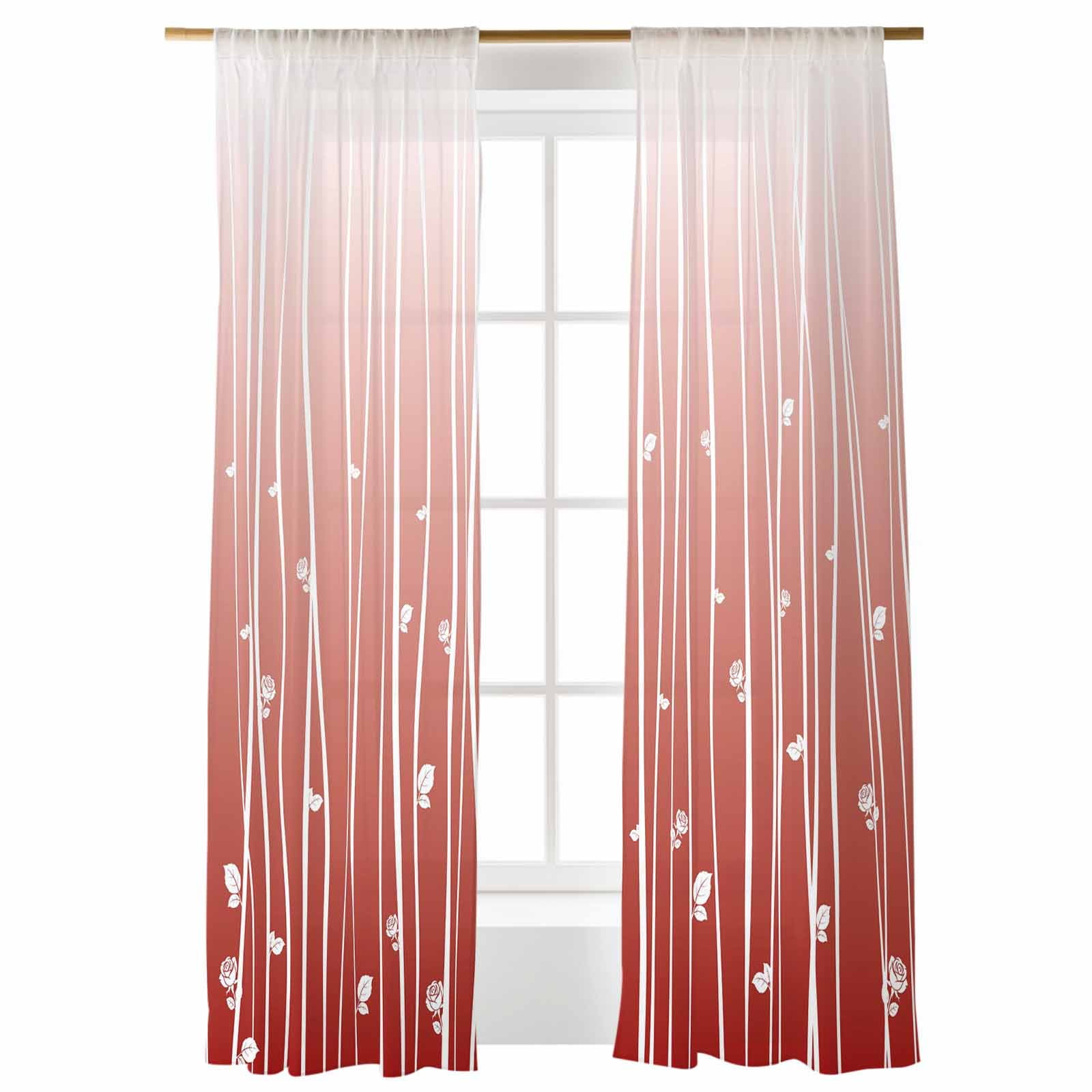 Sheer Curtains 84 inches Long, Red Vertical Wave Lines Flower Gradient ...