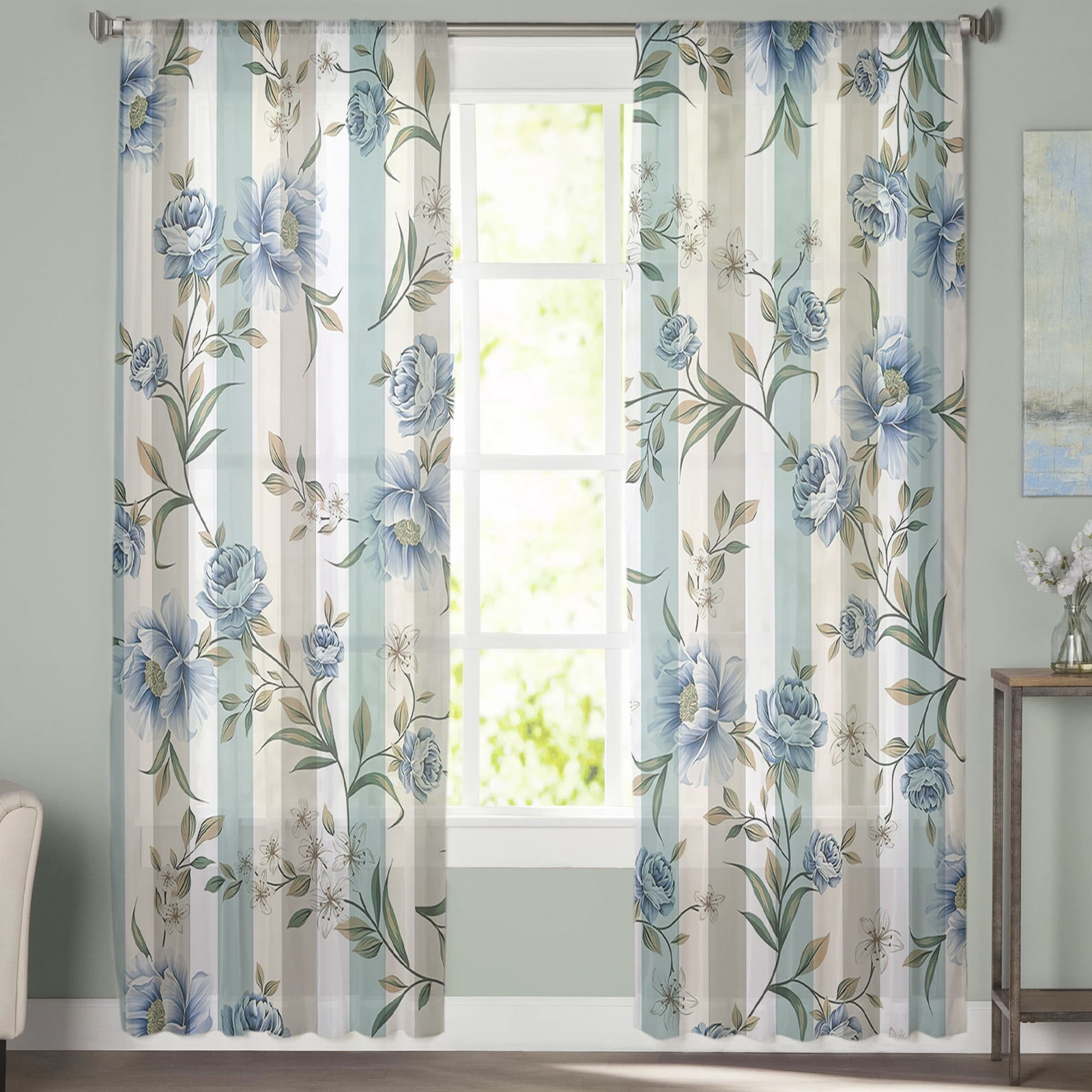 Sheer Curtains 84 inches Long, Retro Blue White Flowers Grey Stripe Light Filtering Sheer Window ...