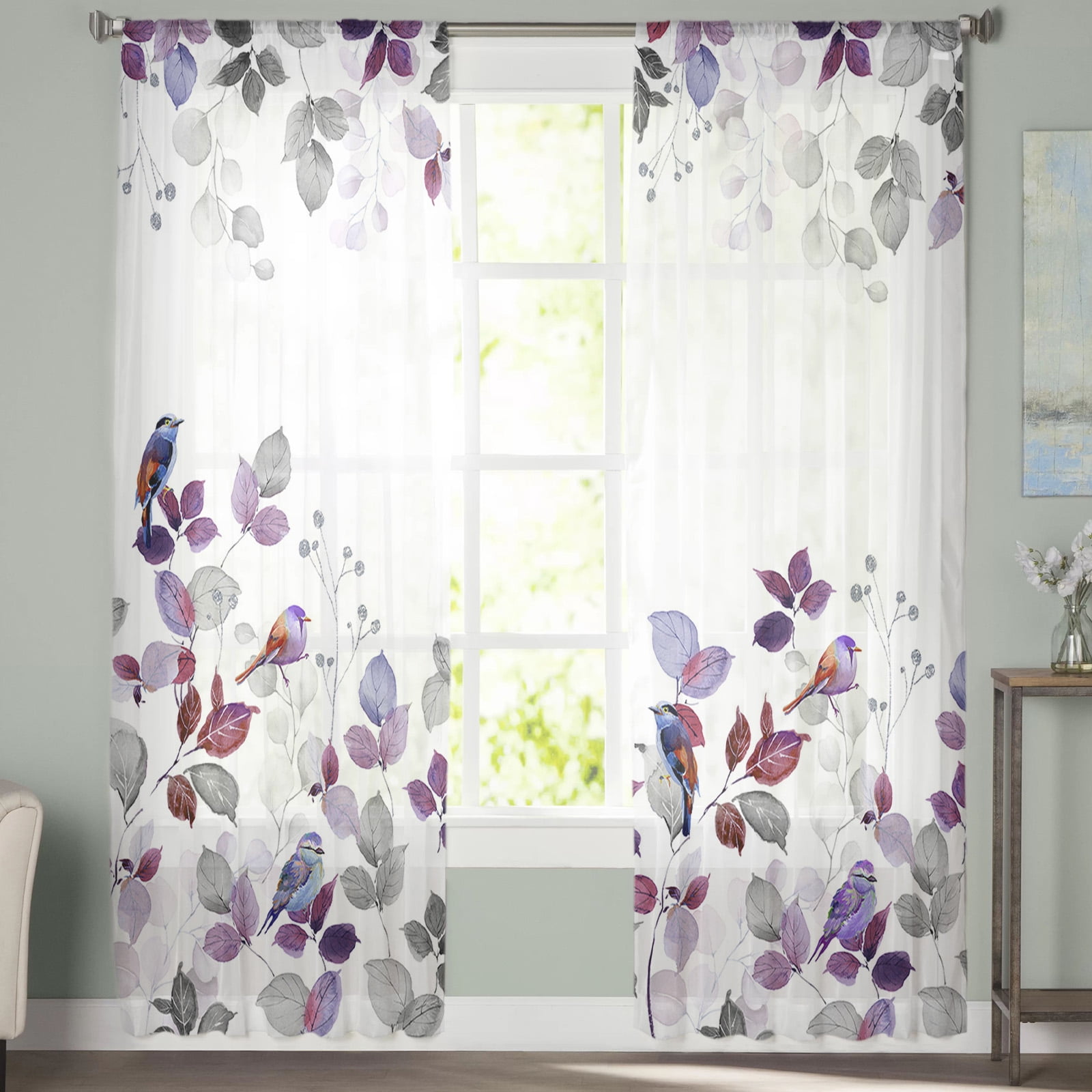 Sheer Curtains 84 inches Long, Rustic Leaves Robin Bird Farmhouse Style ...