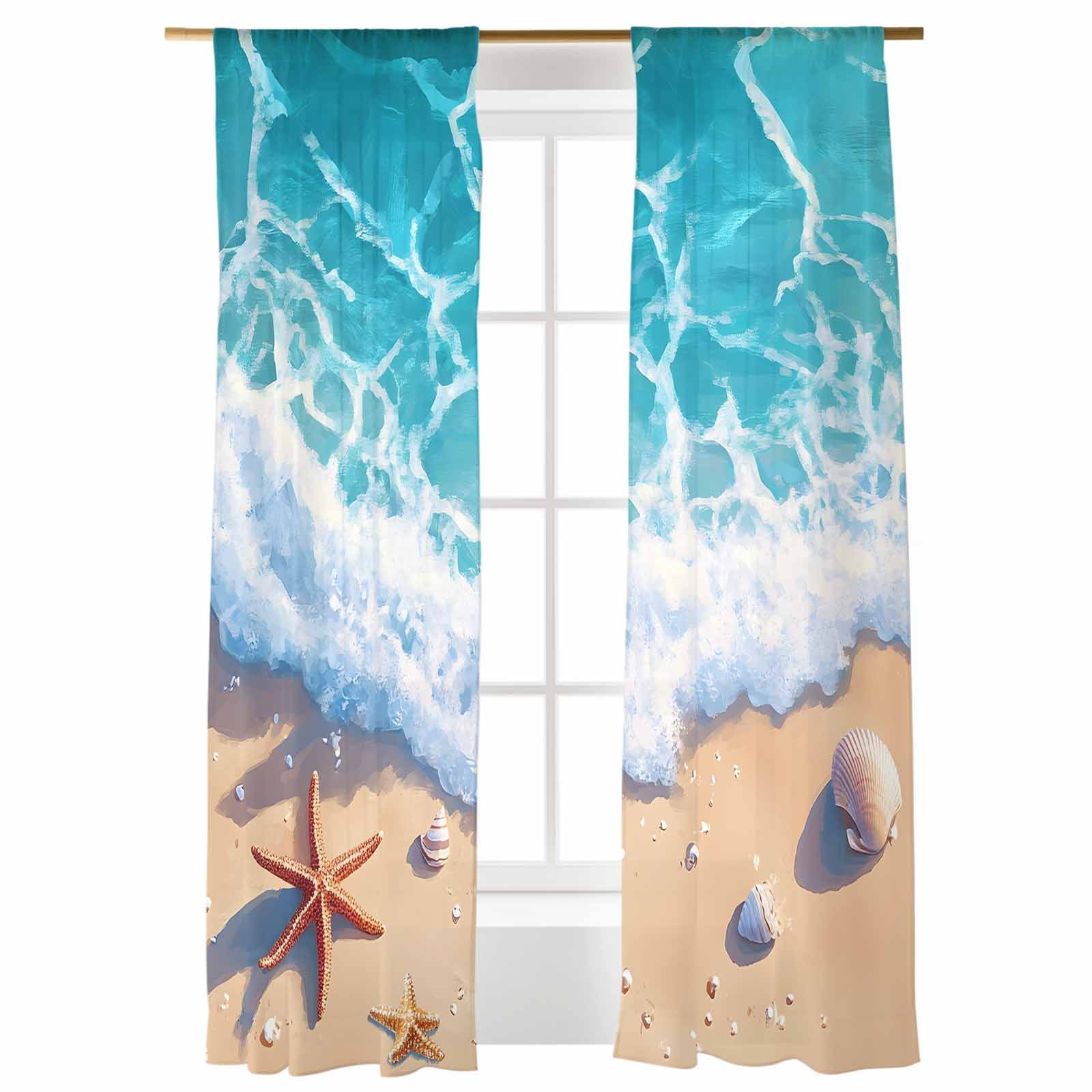 Sheer Curtains 84 inches Long, Summer Beach Ocean Starfish Shell Spray ...