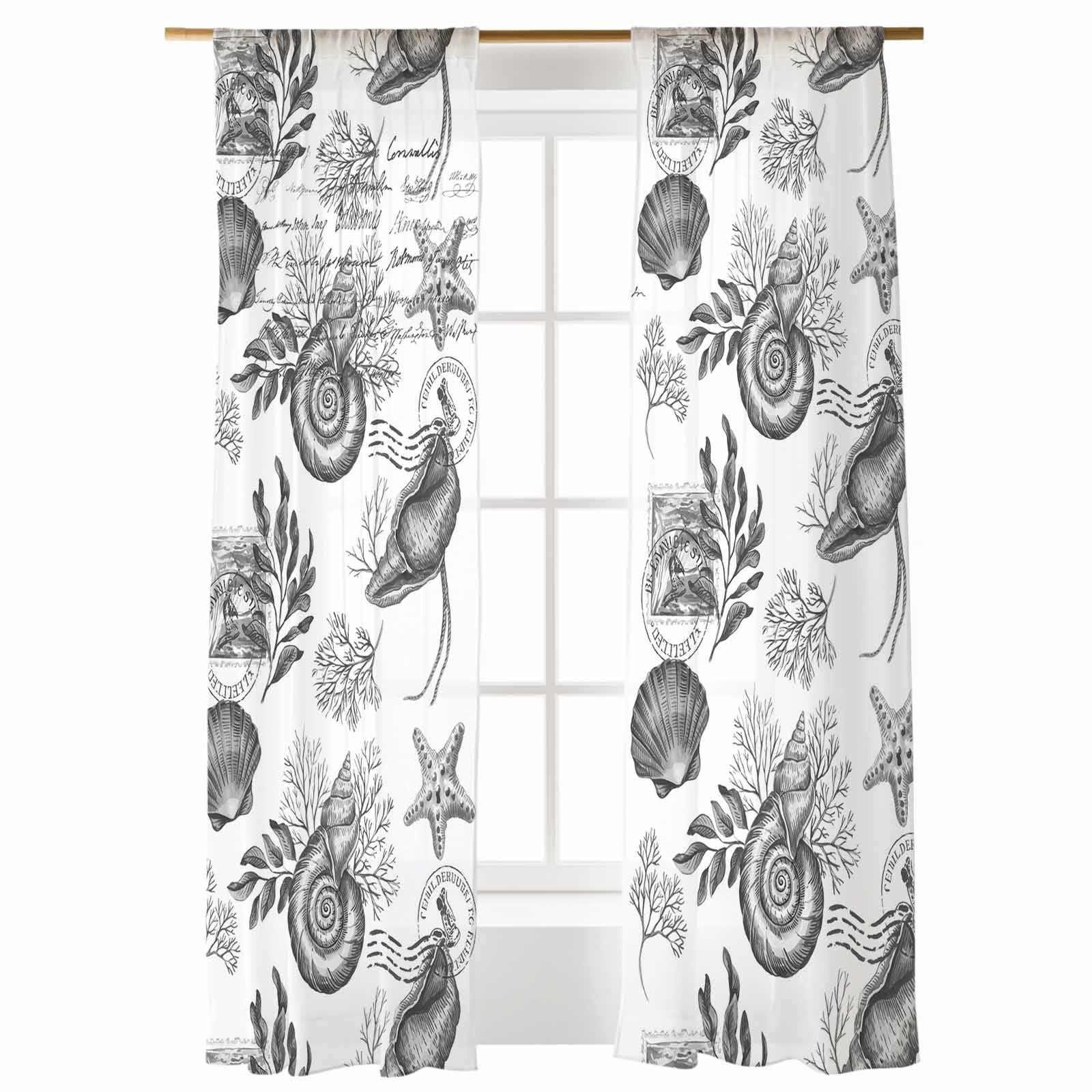 Sheer Curtains 84 inches Long, Summer Conch Retro Black White Shell ...