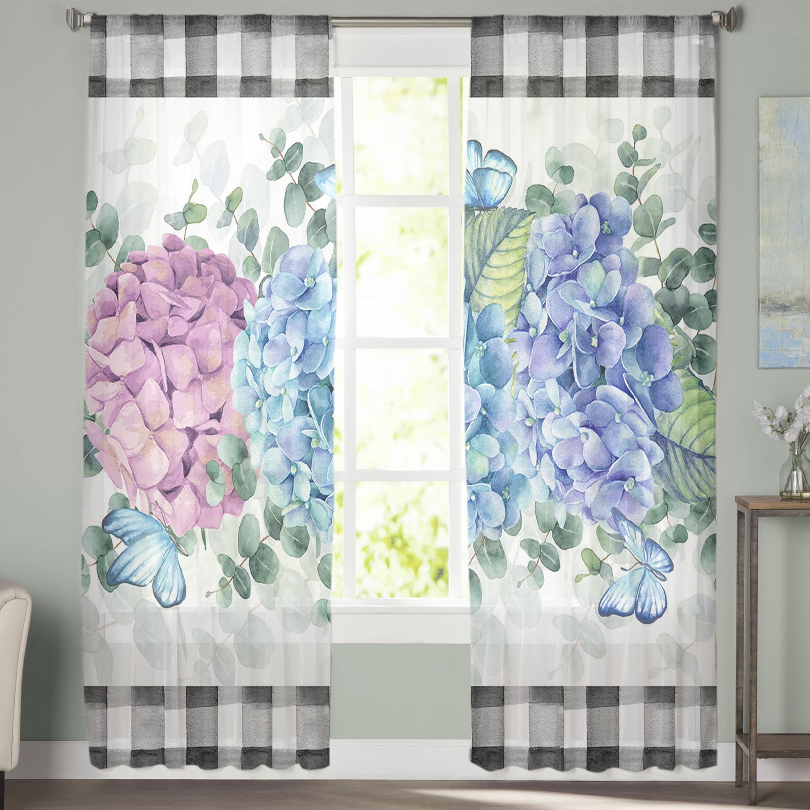 Sheer Curtains 84 inches Long, Summer Hydrangea Floral Eucalyptus ...