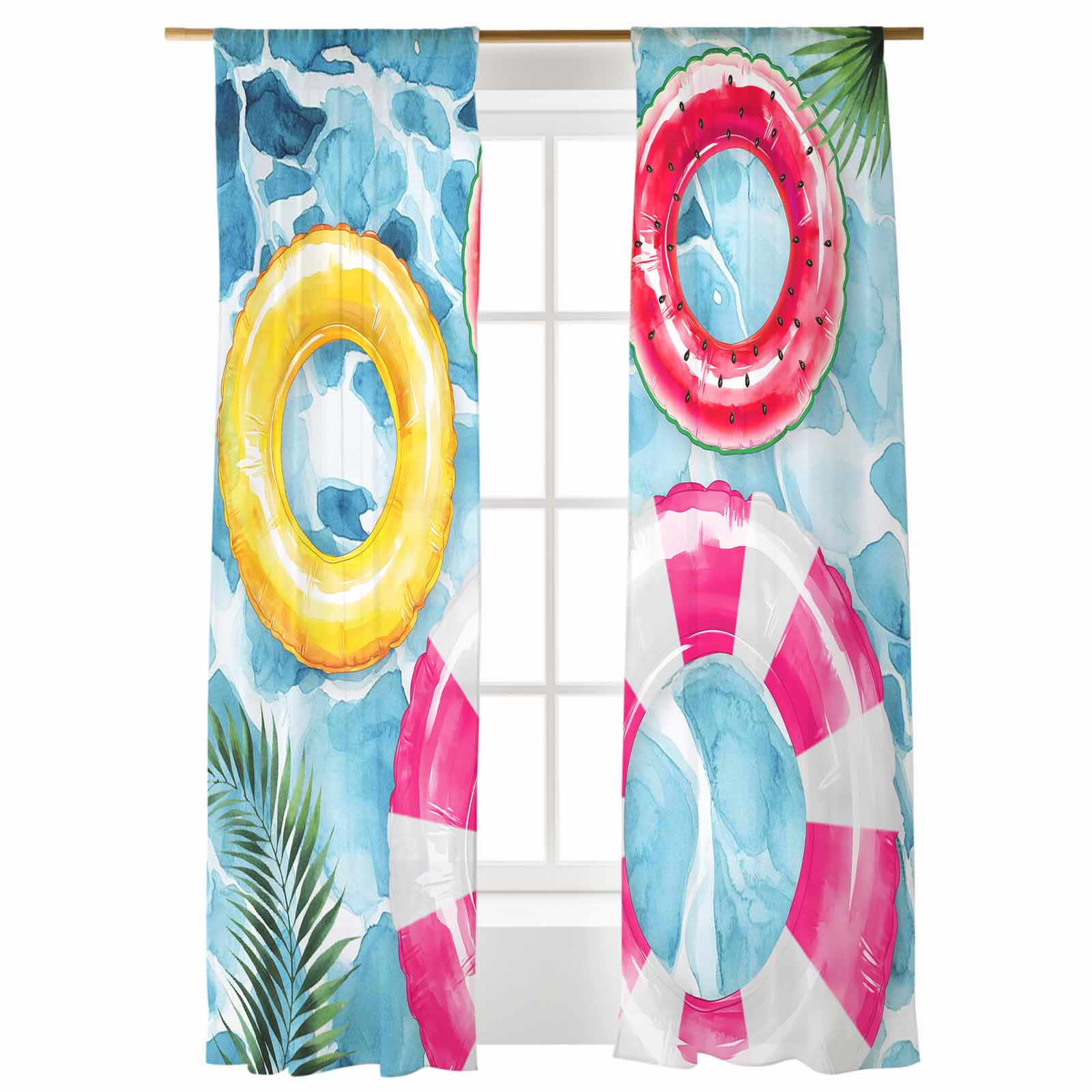 Sheer Curtains 84 inches Long, Swimming Ring Summer Pool Watercolor ...